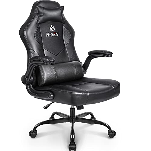 N-GEN Gaming Chair Ergonomic Office PC Desk with Lumbar Support Flip Up Arms Levelled Seat Style Headrest PU Leather Executive High Back Computer for Adults Women Men (4. Black)
