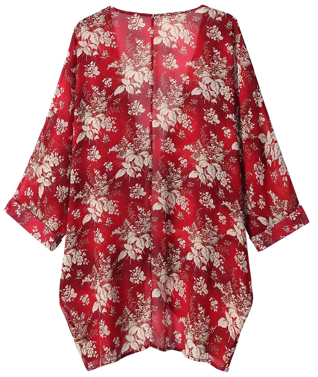 olrain Women's Floral Print Sheer 3/4 Sleeve Chiffon Duster Plus Size Kimono Cardigan Capes (Large, Red Floral)