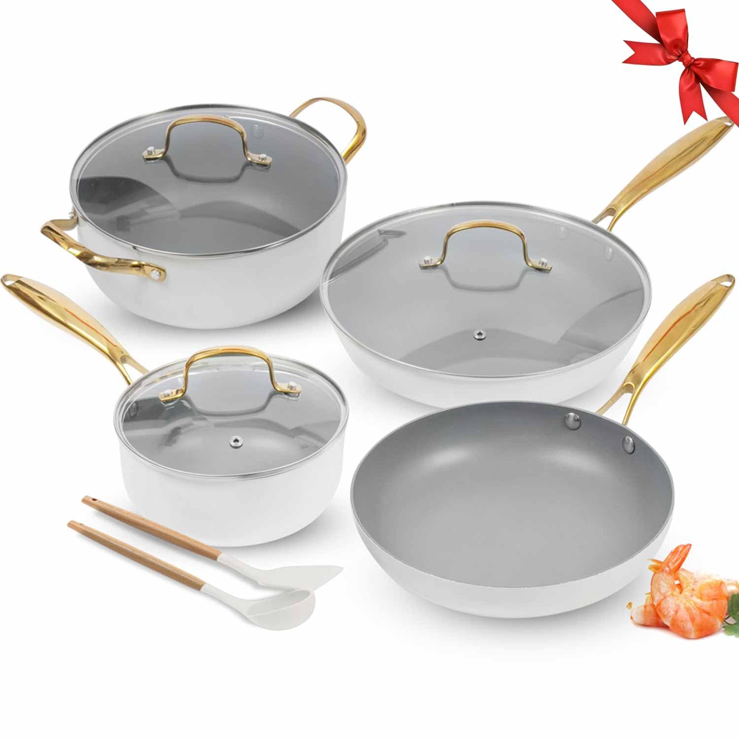 Nonstick Pots and Pans Set, Non Stick 9 Pieces Kitchen Cookware, Cooking Skillets Include Frying Pan with Lid, Saucepan, Casserole, Spoon, Turner Spatula, PFOA Free for Induction, White & Gold
