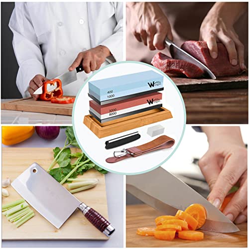 Wucgea Knife Sharpening Stone Kit - 400/1000 3000/8000 Grit Japanese Whetstone Sharpener set with Non-slip Rubber Base Angle Guide Flattening stone and Leather Stropā¦