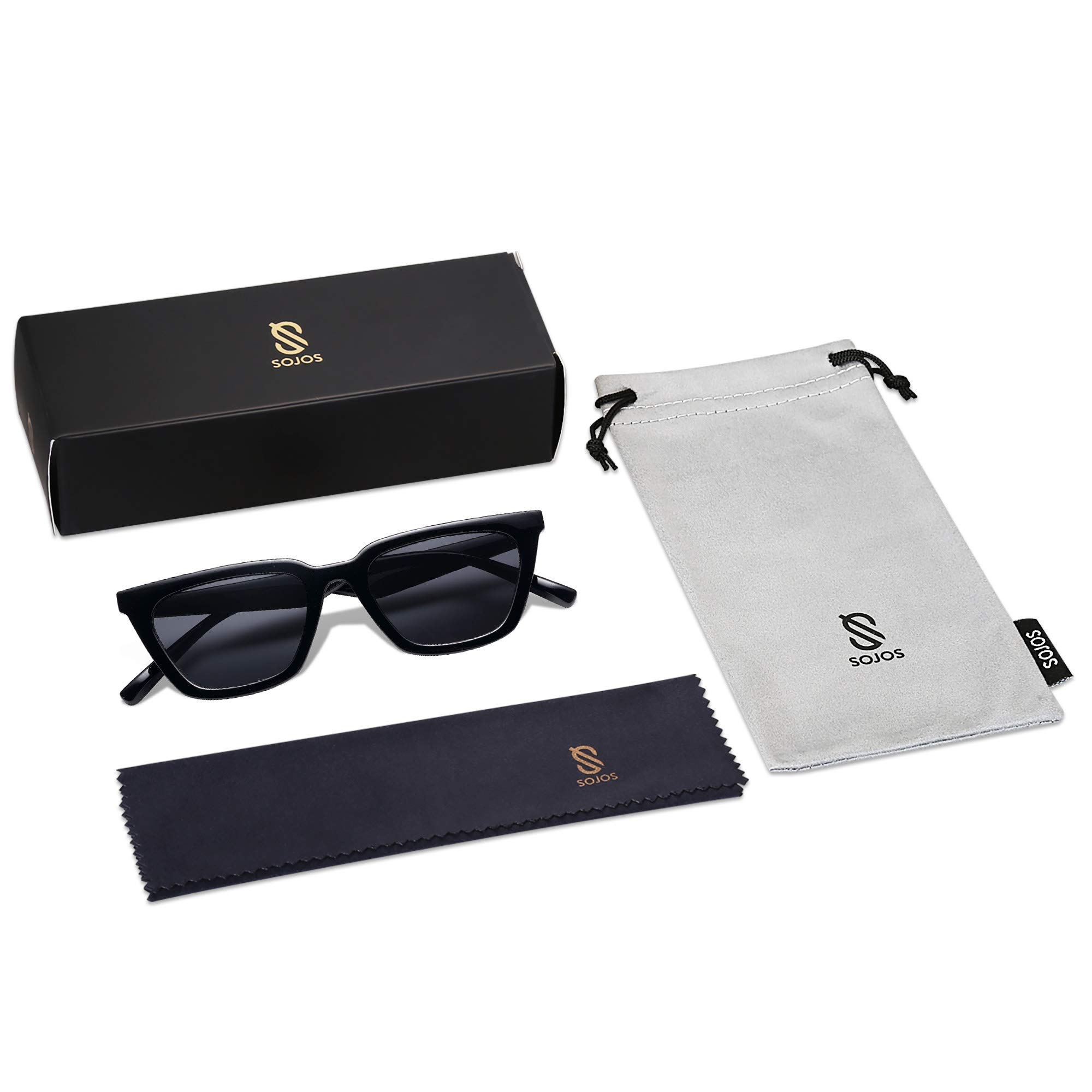 SOJOS Polarized Narrow Square Cateye Sunglasses for Women Retro Trendy Driving Glasses SJ2169 with Black Frame/Grey Lens