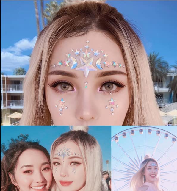 Stars Moon Face Gems Jewels Stick on Face Makeup Eyes Gems Crystal Rhinestones Sticker Gift for Women Accessories Costume Temporary Tattoos
