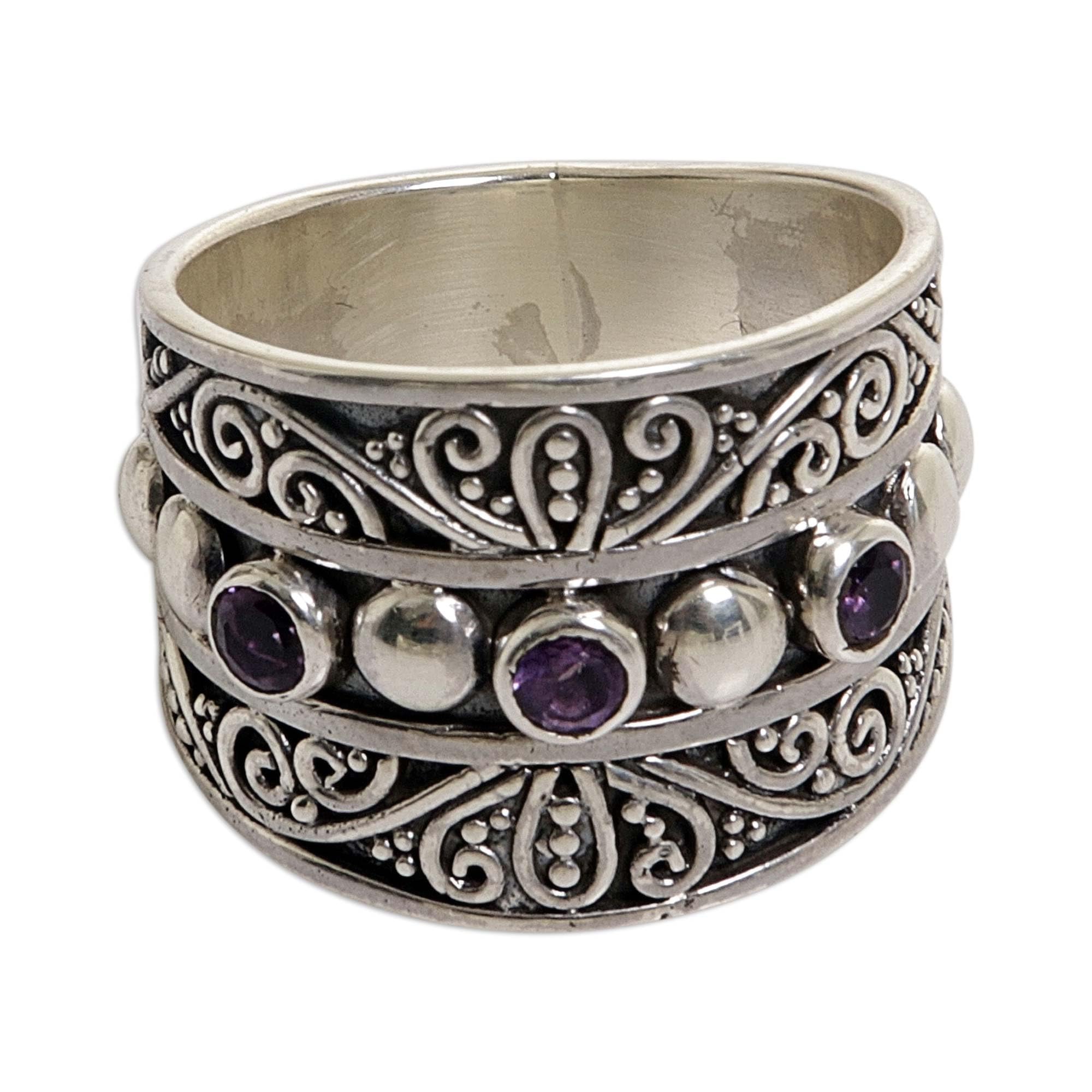 NOVICA Artisan Handmade Amethyst Band Ring .925 Sterling Silver Indonesia Birthstone Gemstone 'Lucky Trio'
