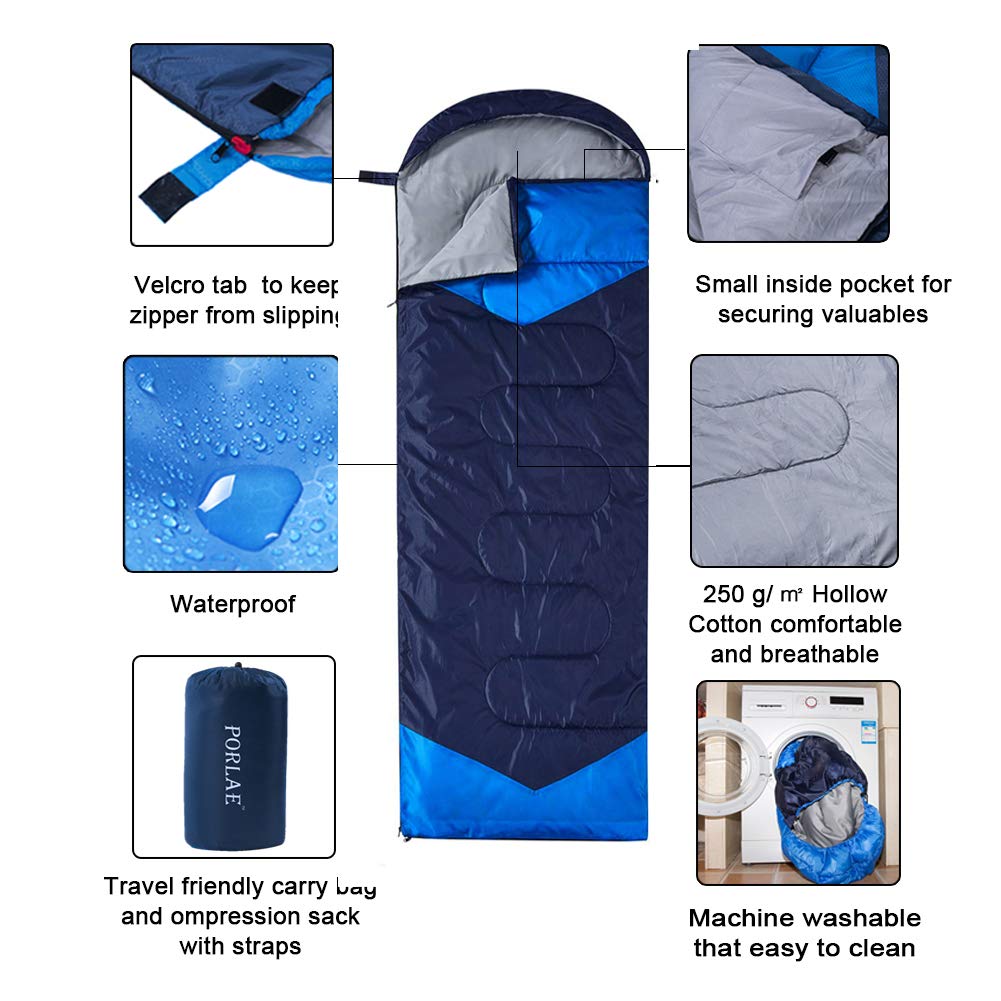 PORLAE Envelope Sleeping Bag Camping Lightweight Portable Waterproof Comfort with Compression Sack Great for Traveling Hiking Outdoor Activities (Single)