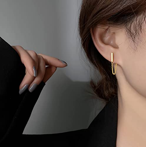 Reffeer Solid 925 Sterling Silver Bar Chain Dangle Earrings Drops for Women Teen Girls Bar Drop Earrings Chain Studs (A-Gold)