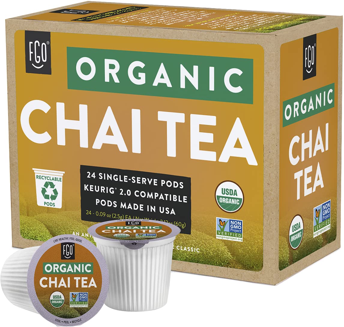 Organic Chai Black Tea K-Cup Pods, 24 Pods by FGO - Keurig Compatible - Naturally Occurring Caffeine, Premium Black Tea is USDA Organic, Non-GMO, & Recyclable