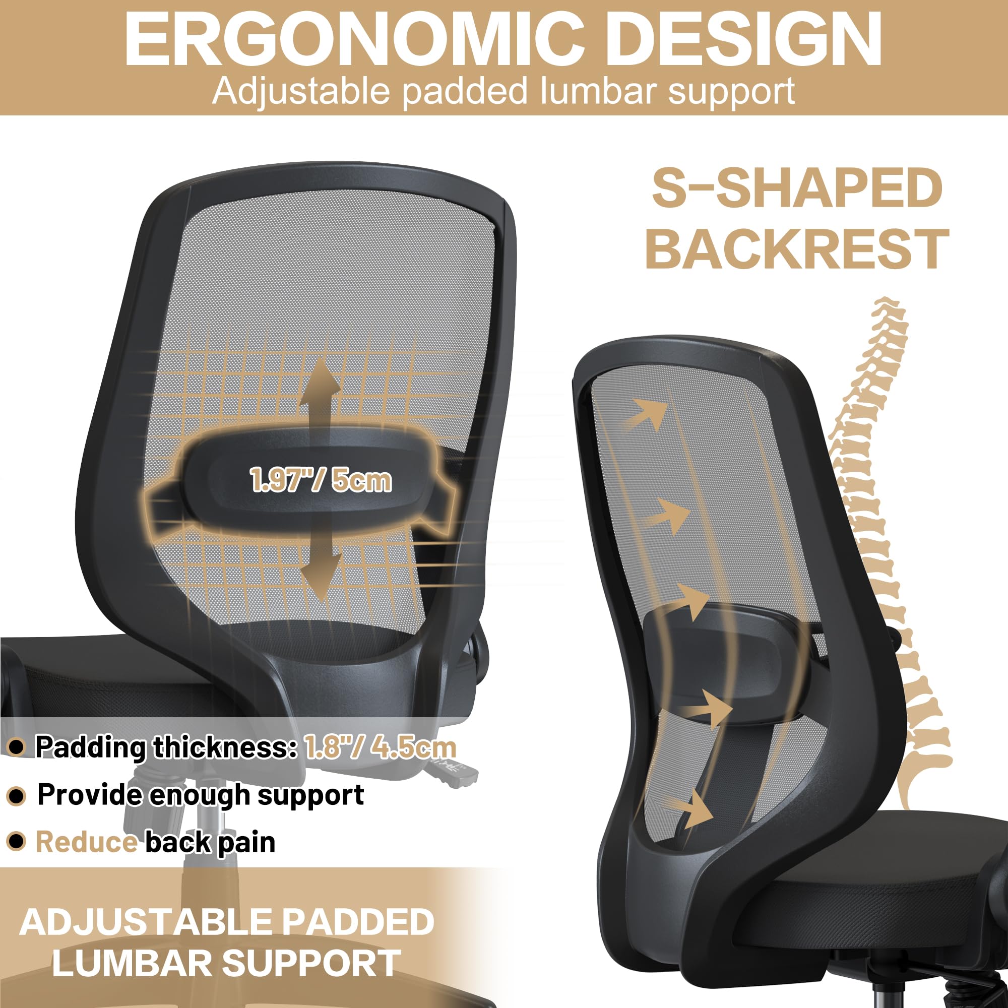 Qoroos Mesh Office Chair Ergonomic Mid Back Swivel Black Mesh Desk Chair Flip Up Arms with Lumbar Support Computer Chair Adjustable Height Task Chairs Grey