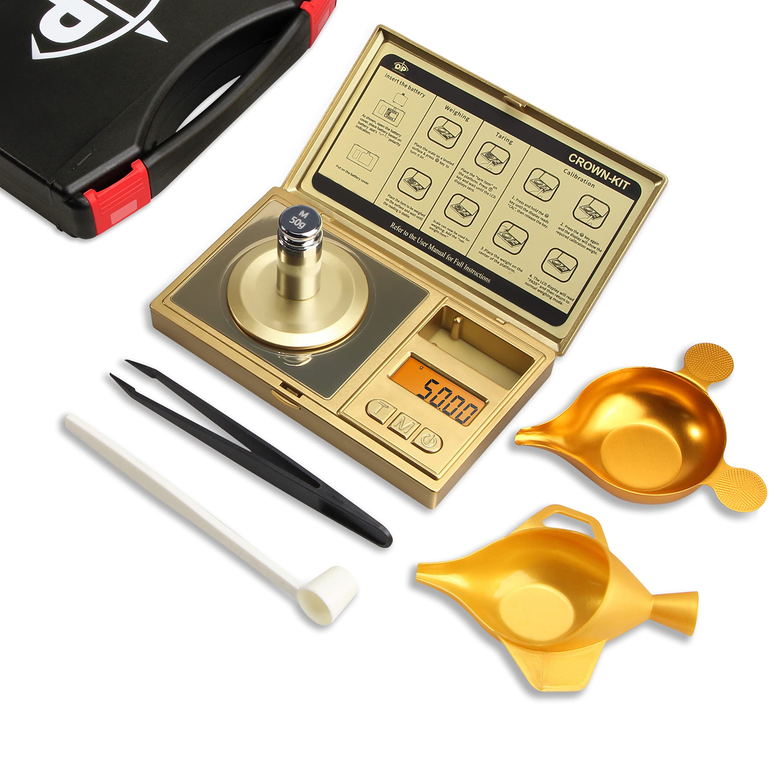 QP Digital Reloading Scale, 𝟲 𝗶𝗻 𝟭 Crown-Kit, 0.1gn × 1500 Grain High Precision Scale with LCD Display, Tare, Powder Scale for Reloading