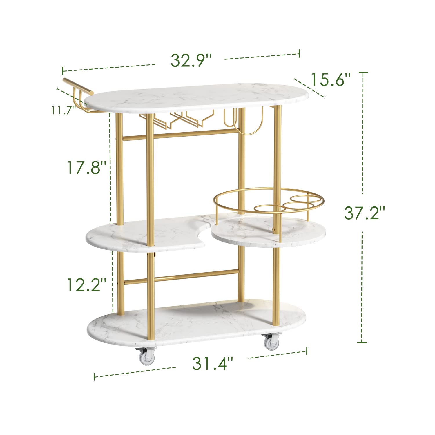 PAUKIN Gold Bar Carts with 4-Tier Storage Shelves, Mobile Bar Serving Cart with Wine Rack and Glass Holder, for The Home, Kitchen, Living Room, Dining Room
