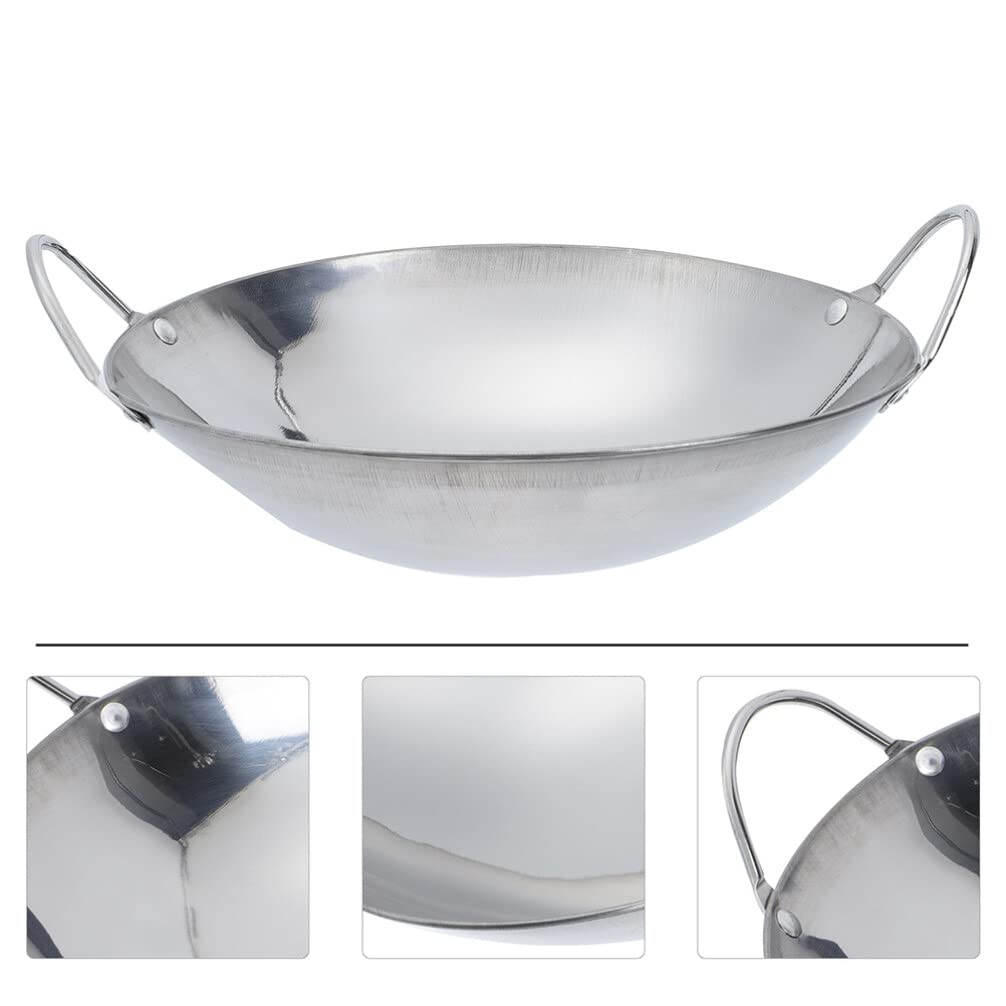 Yardwe Wok Pan Stainless Steel Stir Fry Pans 8 Inch Hot Pot Iron Frying Pan Double Handle Chinese Cooking Pot Kitchen Cookware For Boiling Steam Silver s Steel Wok