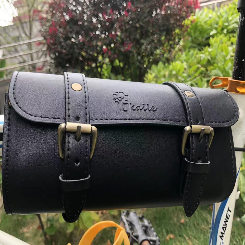 Retro Bicycle Handbar Bag Front Tube Beam Bag Bike Frame Saddle Bag Leather (Black)