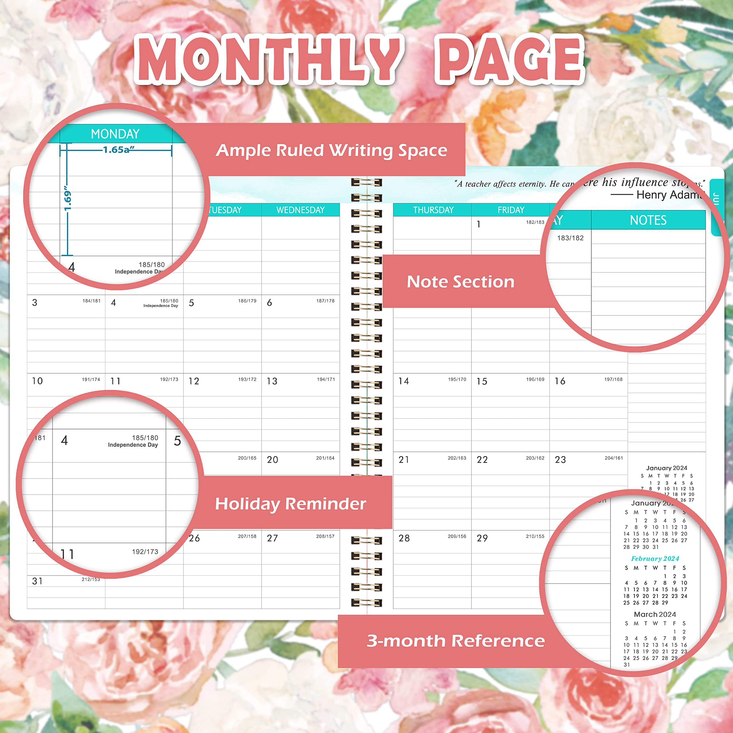 Teacher Planner 2023-2024 - 2023-2024 Teacher Planner, Academic Planner 2023-2024 from July 2023 to June 2024, 8" x 10", Teacher Lesson Plan Book with Quotes, Strong Twin-wire Binding - Floral
