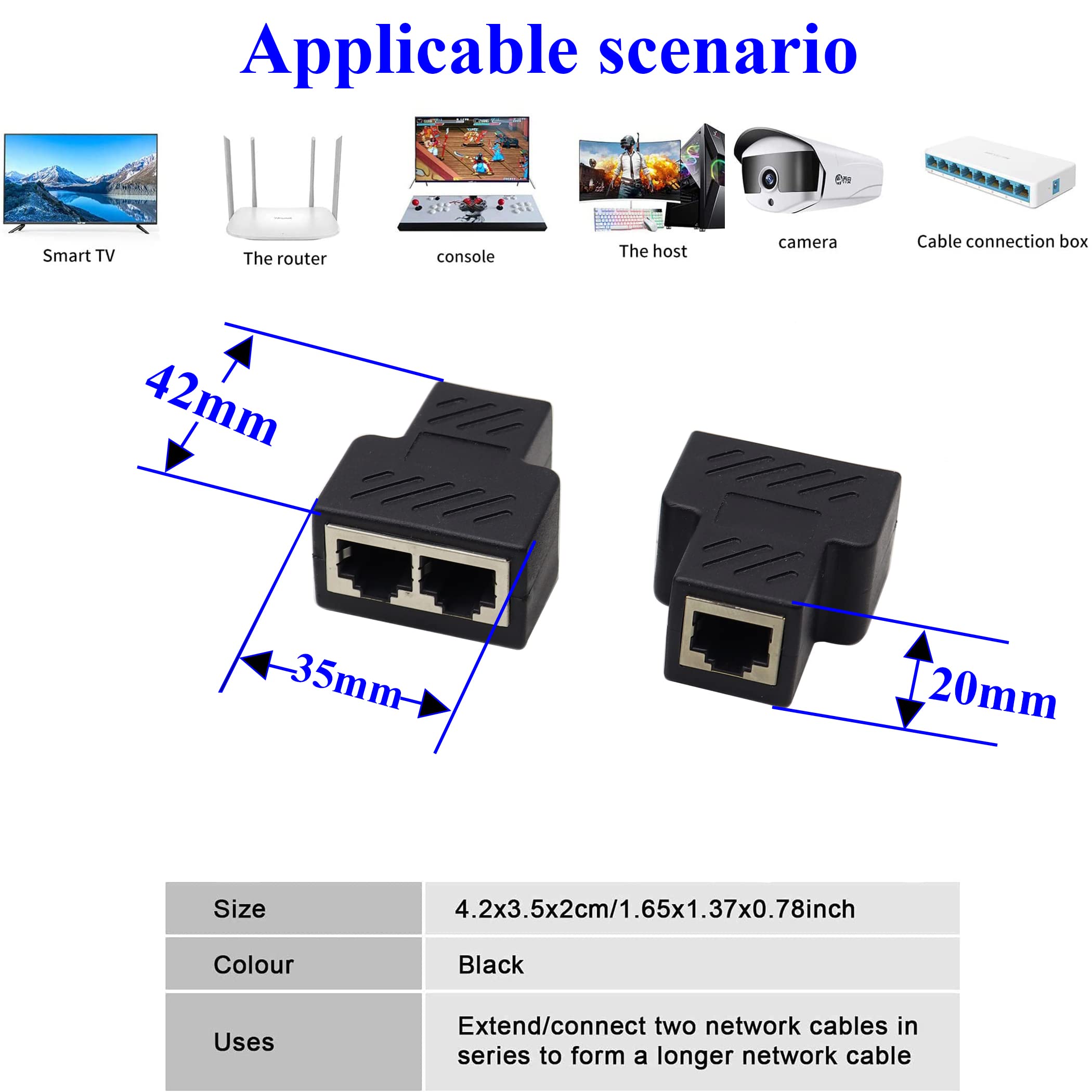 ZUYOOK Ethernet Cable RJ45 Splitter Adapter 1 to 2 Double Contact Modular Plug Connect(Can't Run Both at The Same TIME) LAN Network Internet Splitter 1 to 2 for Cat 5/6/7 Cable(2 Pack)