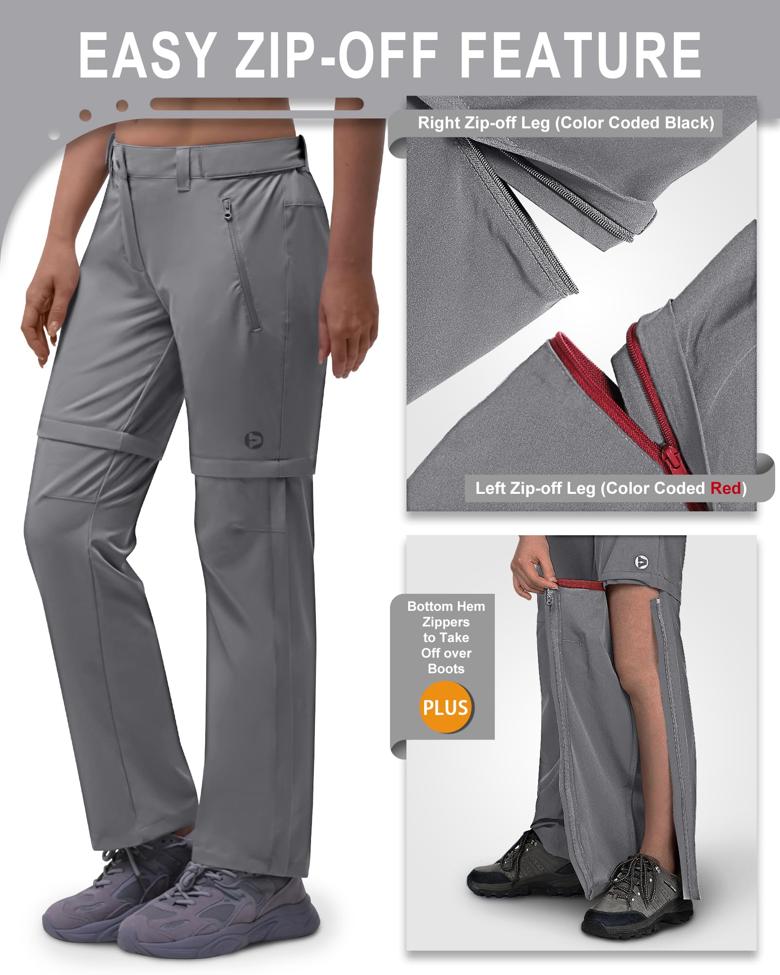 Outdoor Ventures Women's Convertible Pants, Quick Dry Hiking Zip-Off Pants, Stretch Lightweight Cargo Pants Grey