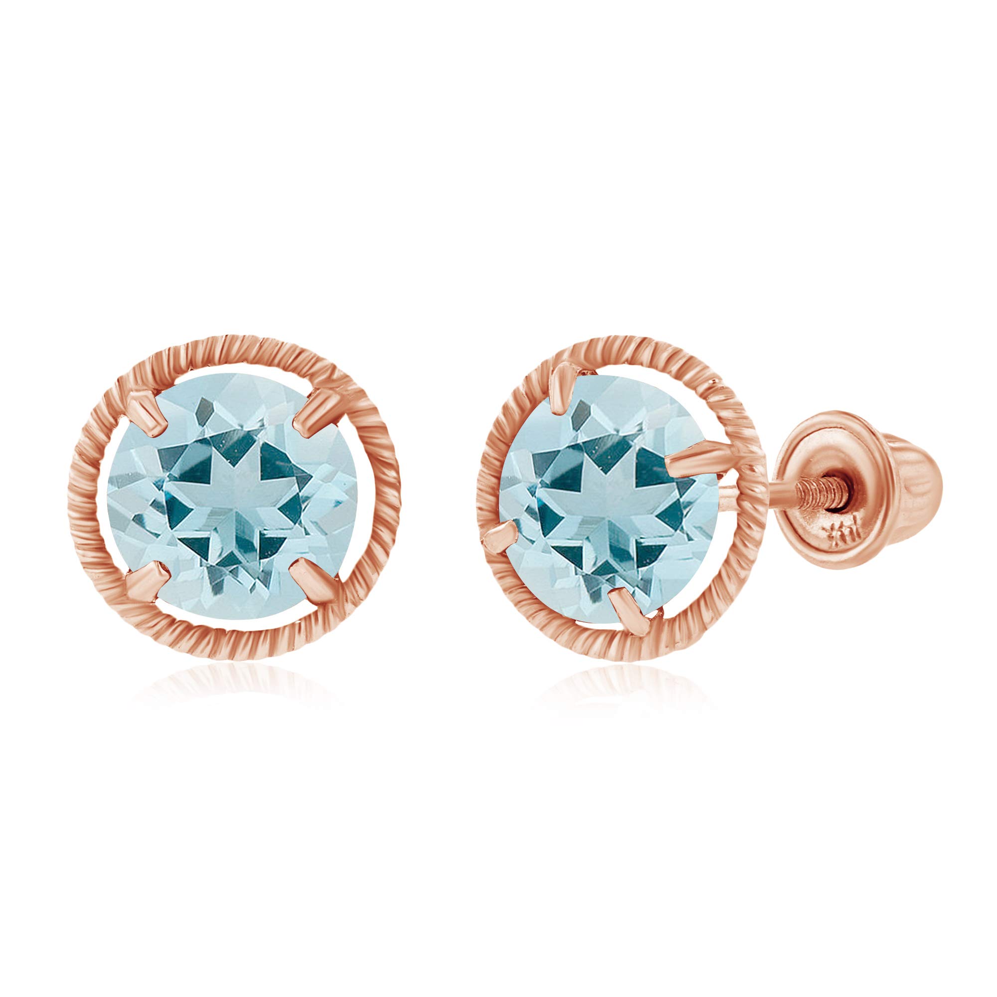 Solid 14K Yellow Gold 5mm Round Natural Aquamarine March Birthstone Martini Rope Screwback Earrings For Women
