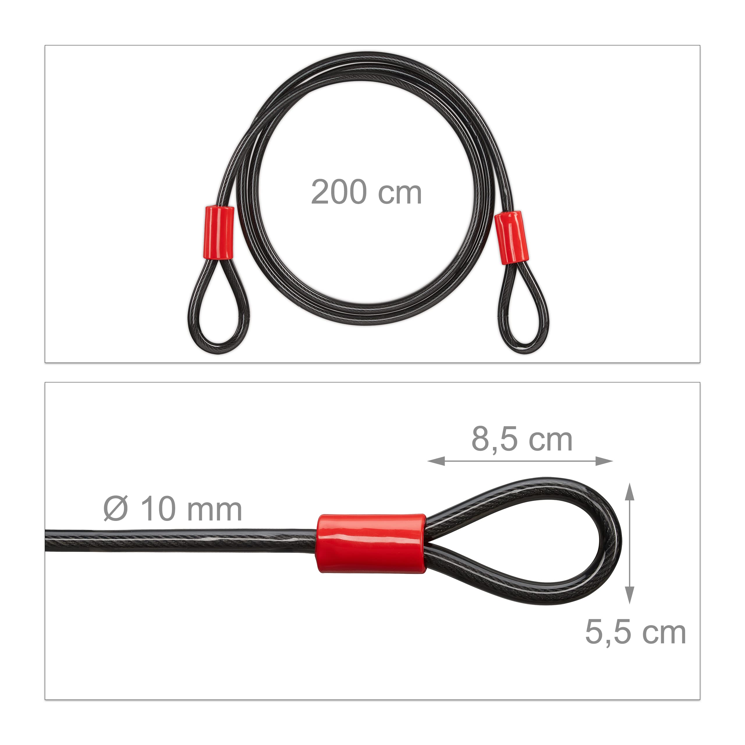 Relaxdays Loop Cable 2m, For Bicycle & Luggage, Sleeved Loop Steel Cable, Long Bike Lock, Black