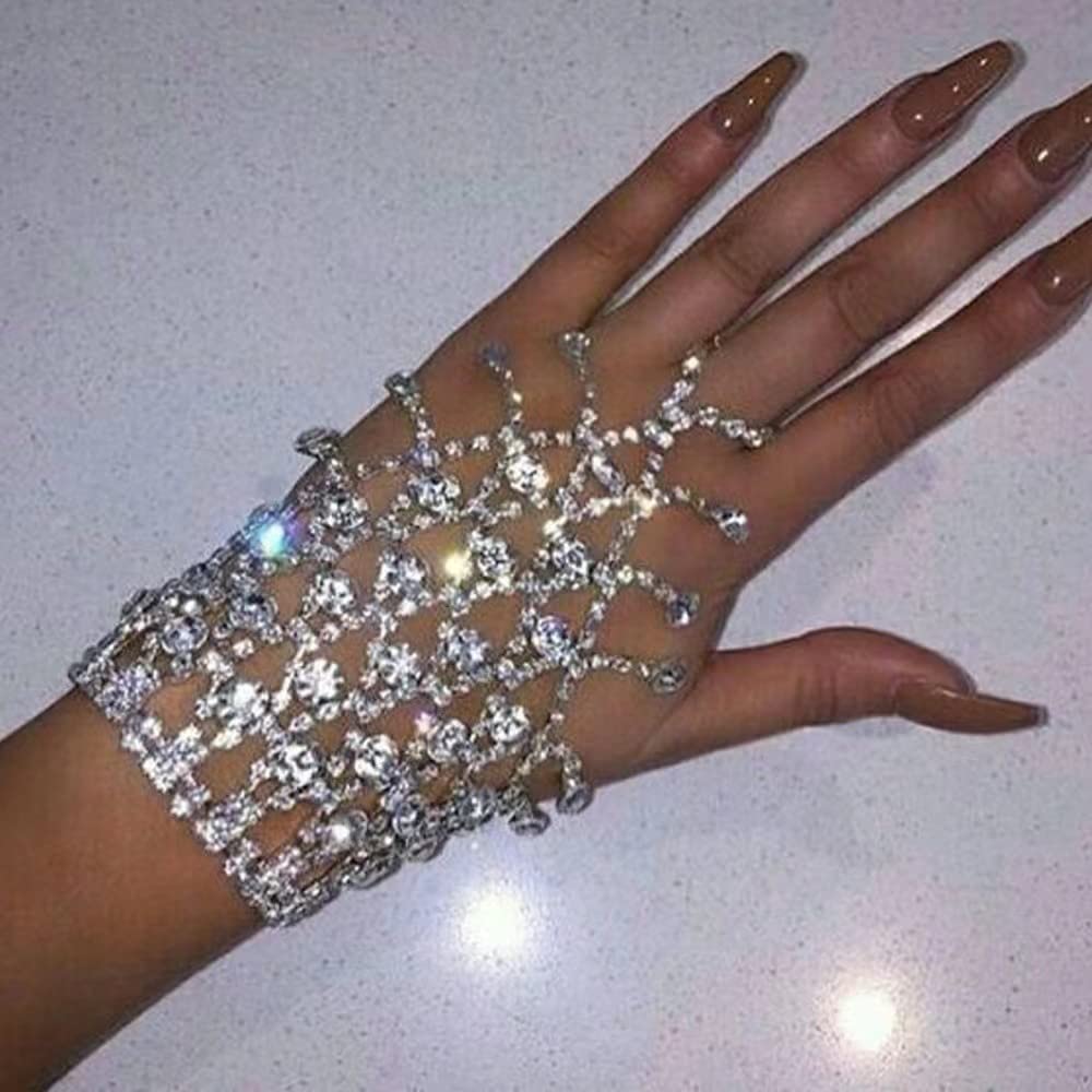 YERTTER Silver Wedding Full Rhinestone Hand Back Chain Sparkly Crystal Finger Bracelet with Ring Hareness Hand Chain Slave Link with Ring Bracelet Accessories Party for Women Girls(Silver 1)