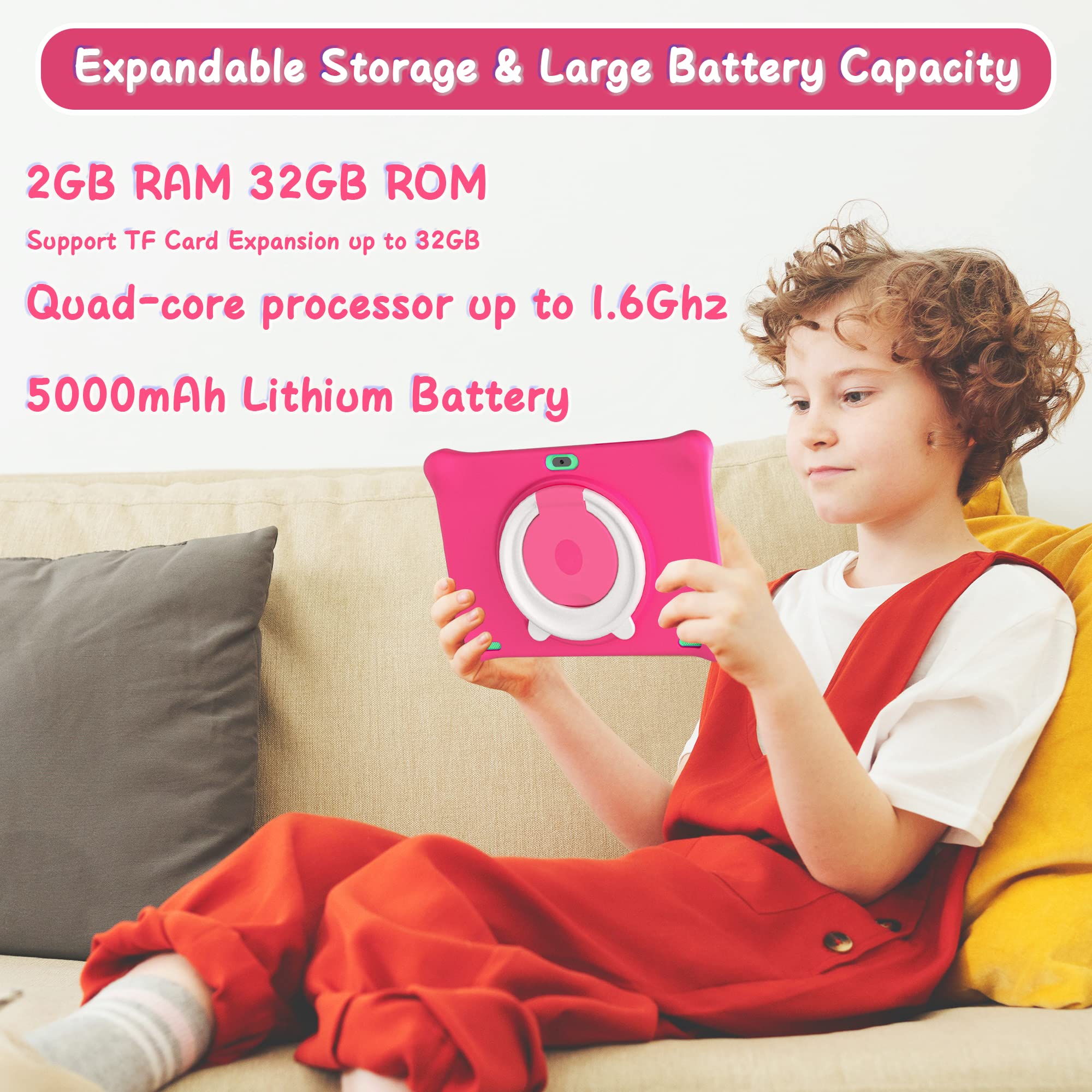 SGIN Tablet for Kids 2GB RAM 64GB ROM, 10 Inch Android 12 Kids Tablet with Case with Parental Control APP, Dual Camera, WiFi, Educational Games,iWawa Pre Installed (Pink)