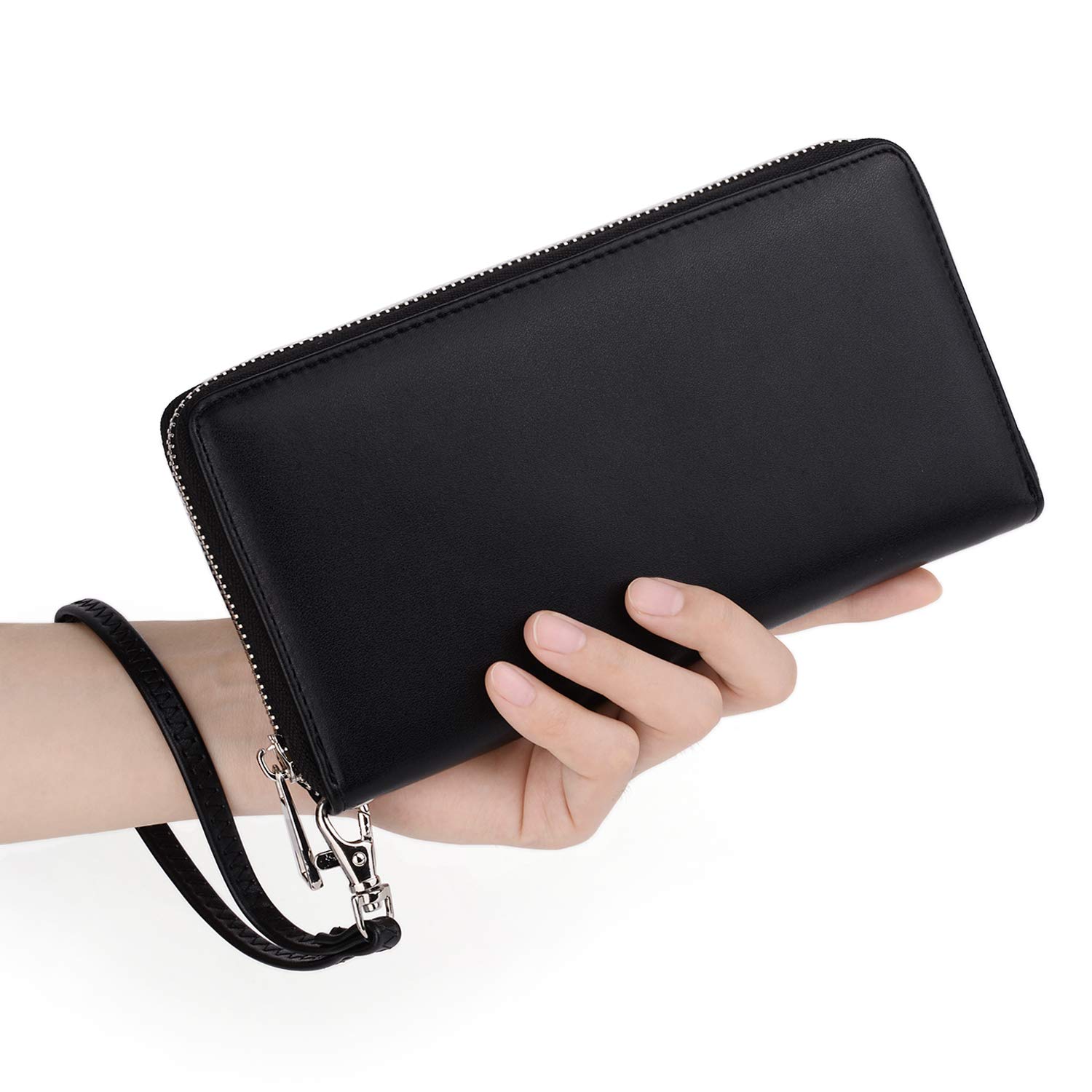 UTO Women Wallet Large Leather 2 Pcs Zip Pouch Card Holder Checkbook Passport Organizer Ladies Travel Clutch with Wristlet Black