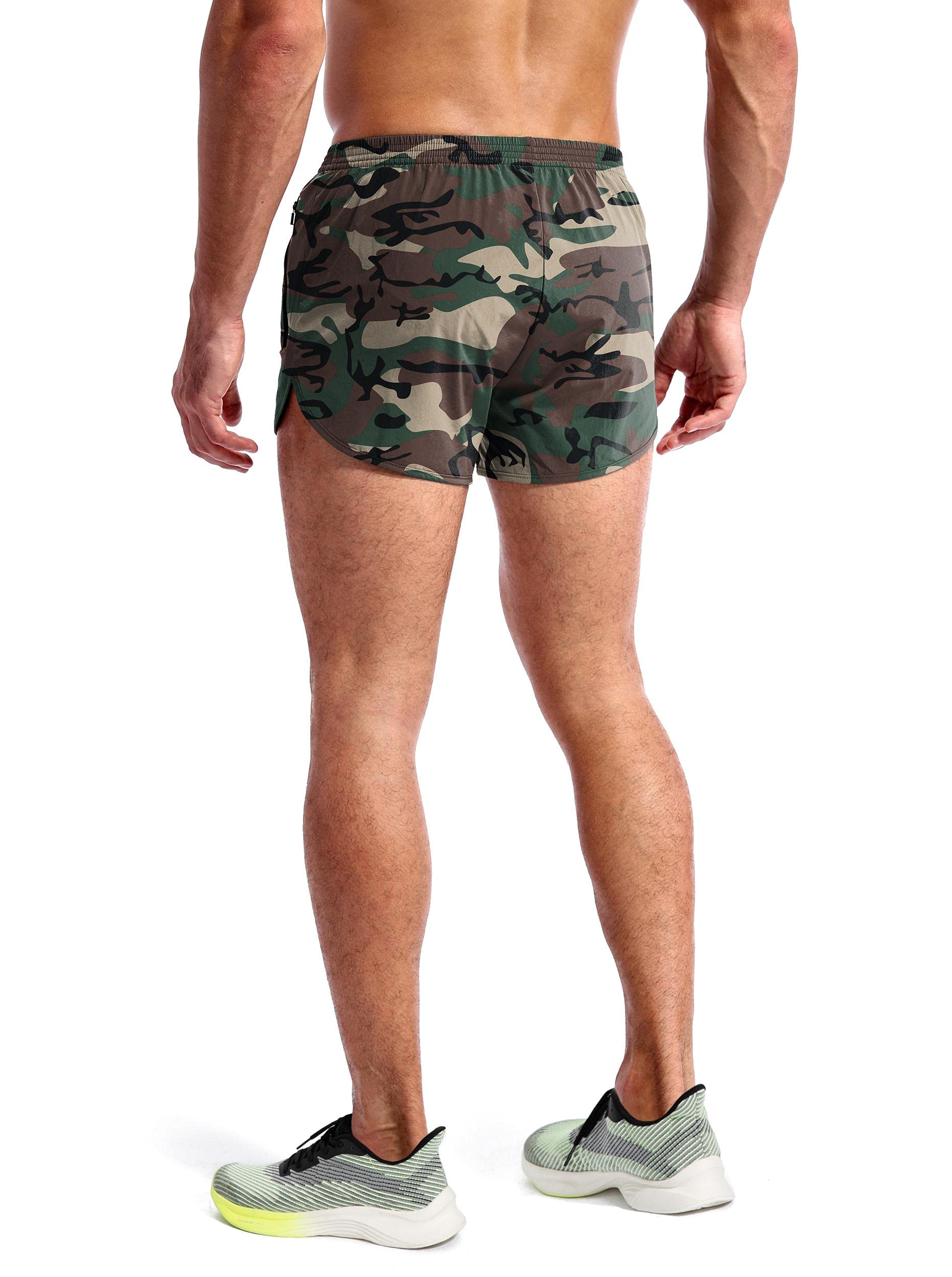 Pudolla Men’s Running Shorts 3 Inch Quick Dry Gym Athletic Workout Shorts for Men with Zipper Pockets(Camo Green Medium)