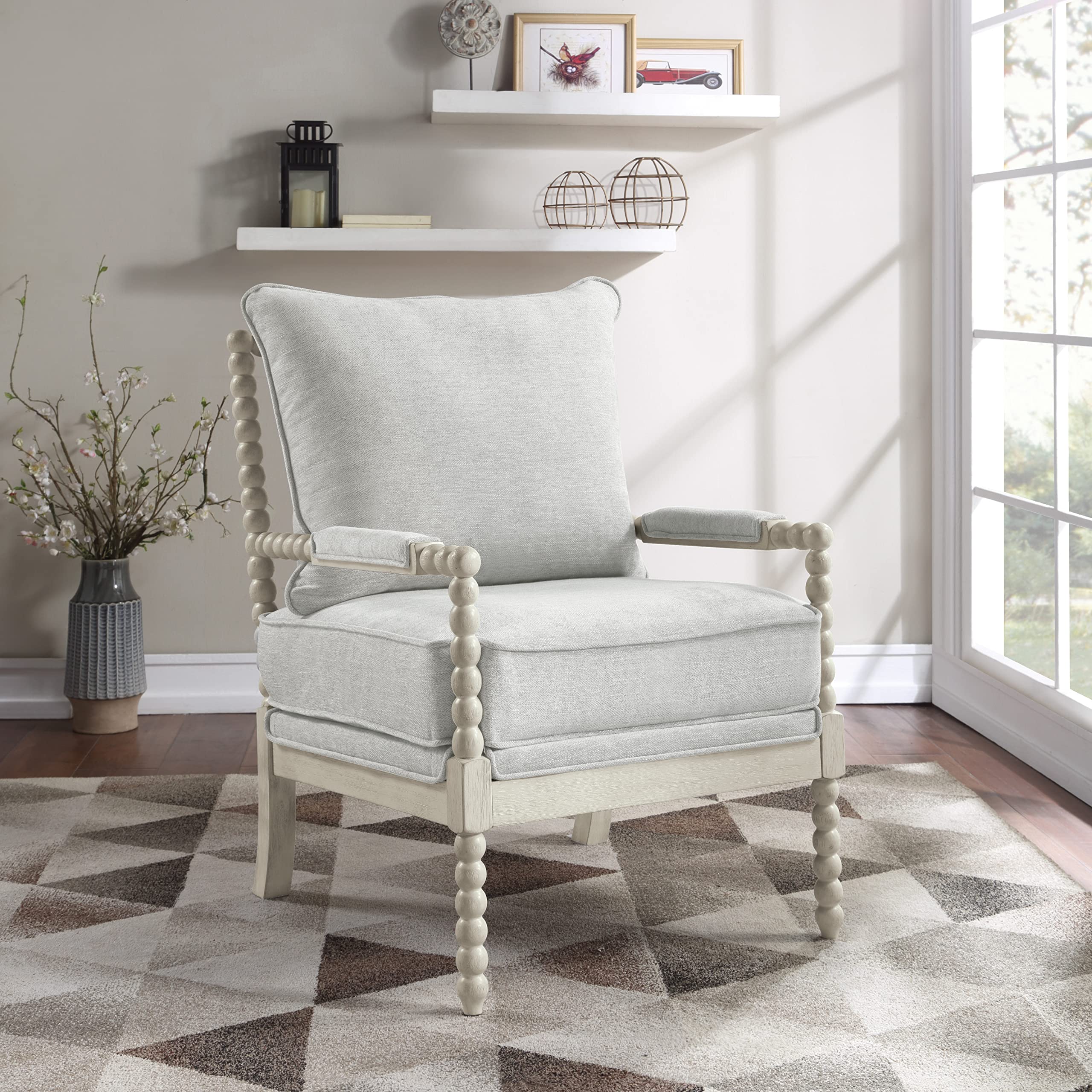 OSP Home Furnishings Kaylee Spindle Accent Chair with Antique White Wood Frame, 26.5β W x 32.25β D x 37β H, Smoke Grey Fabric