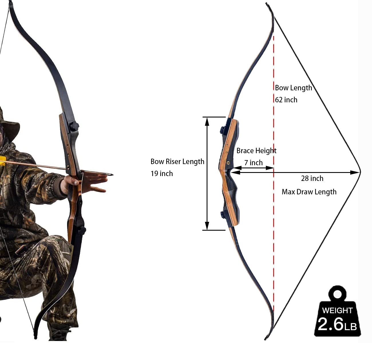 Vogbel 62" Archery Bow and Arrows Set for Adults Takedown Recurve Bow Survival Bow Hunting Longbow Bamboo Core Limbs for Right Handed Shooters Target Shooting Practice(30LB)