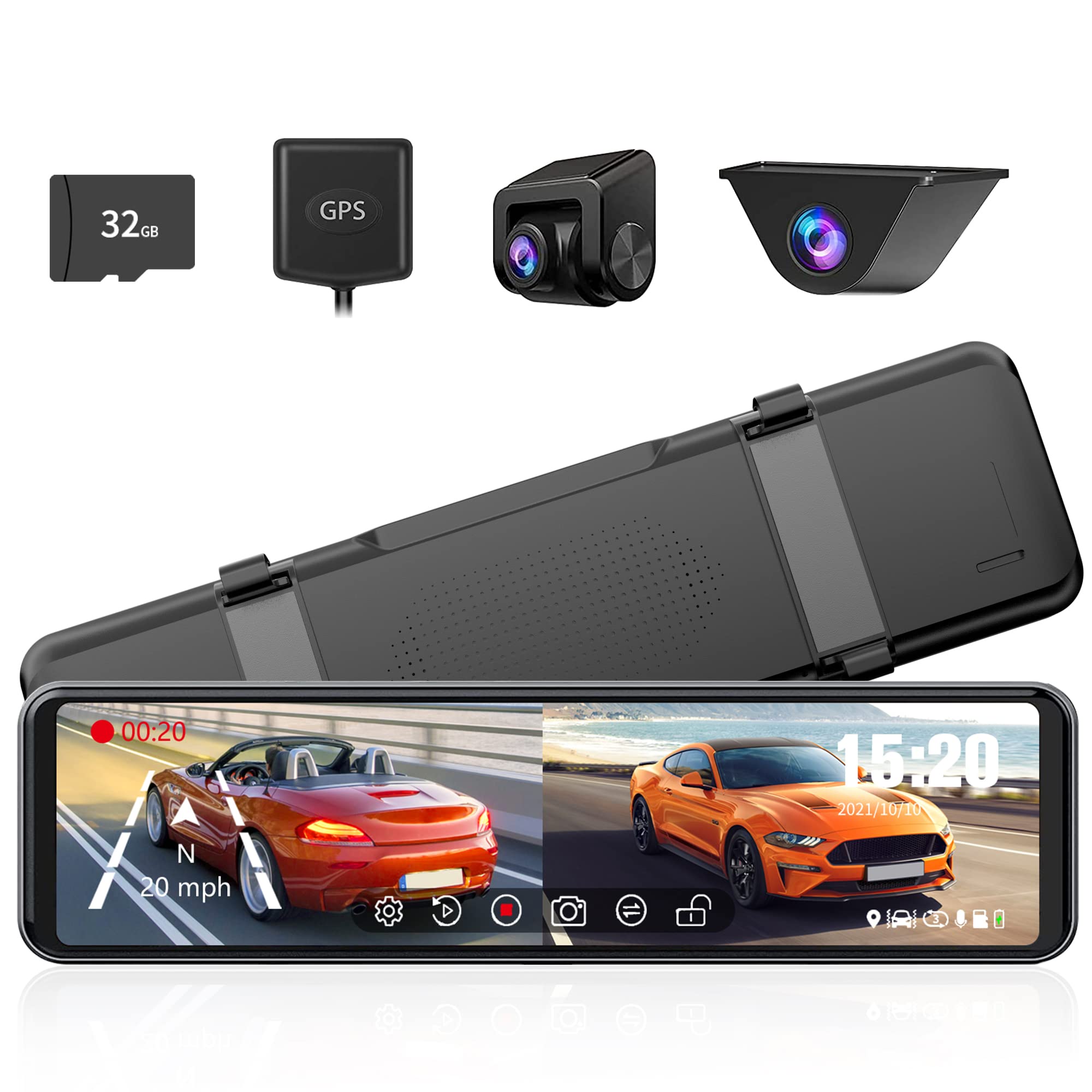 WOLFBOX Mirror Dash Cam Rear View Backup Camera with Detached Front Camera 11" Full HD Touch Screen Dual Split Car Recorder 1080P, Night Vision,Parking Assistance,Wide Angle,GPS&32GB Card