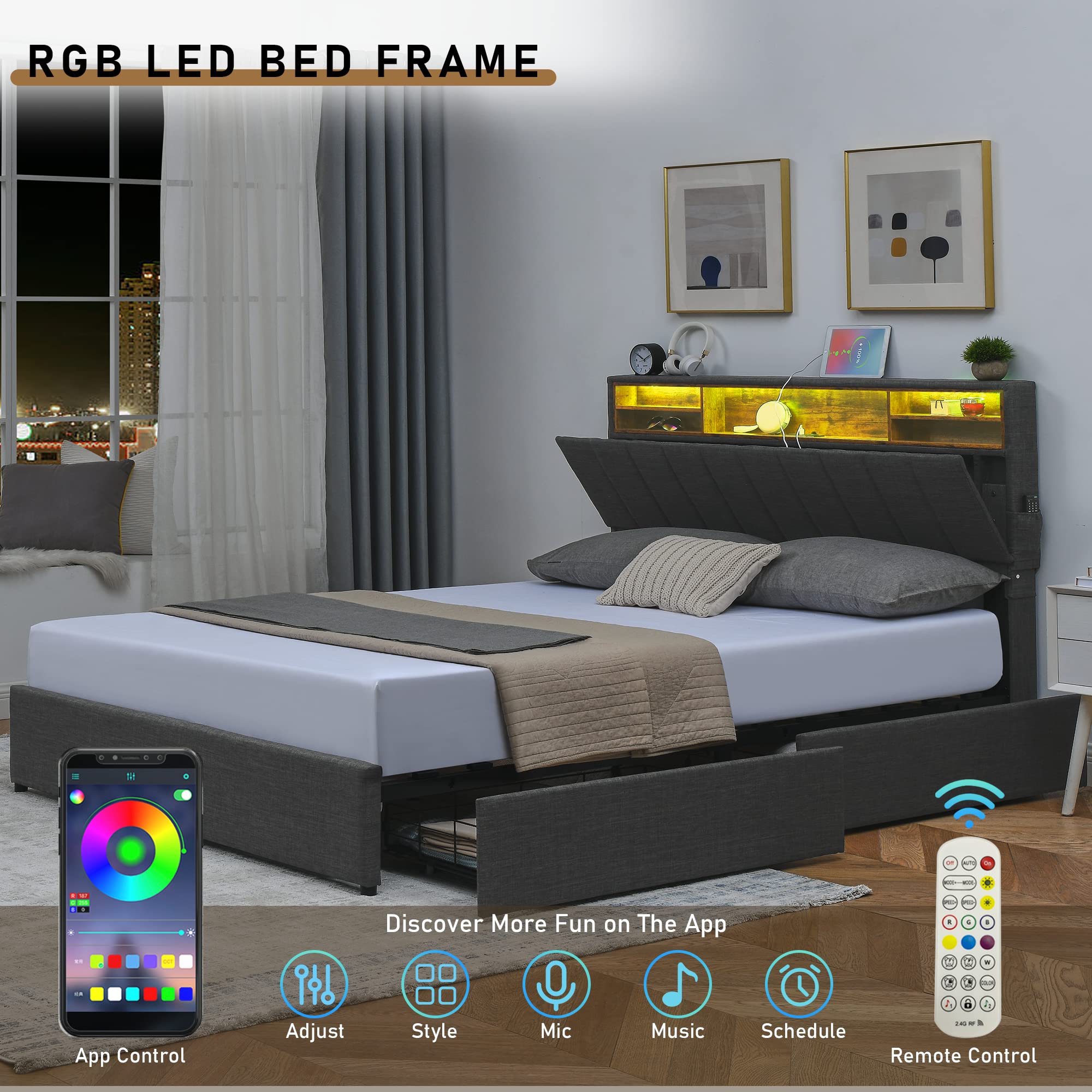 Queen Bed Frame with Tall Bookcase Headboard and Charging Station, LED Bed Frame with 2 Storage Drawers, Upholstered Mattress Foundation with Wooden Slats Support, No Box Spring Needed,Dark Grey