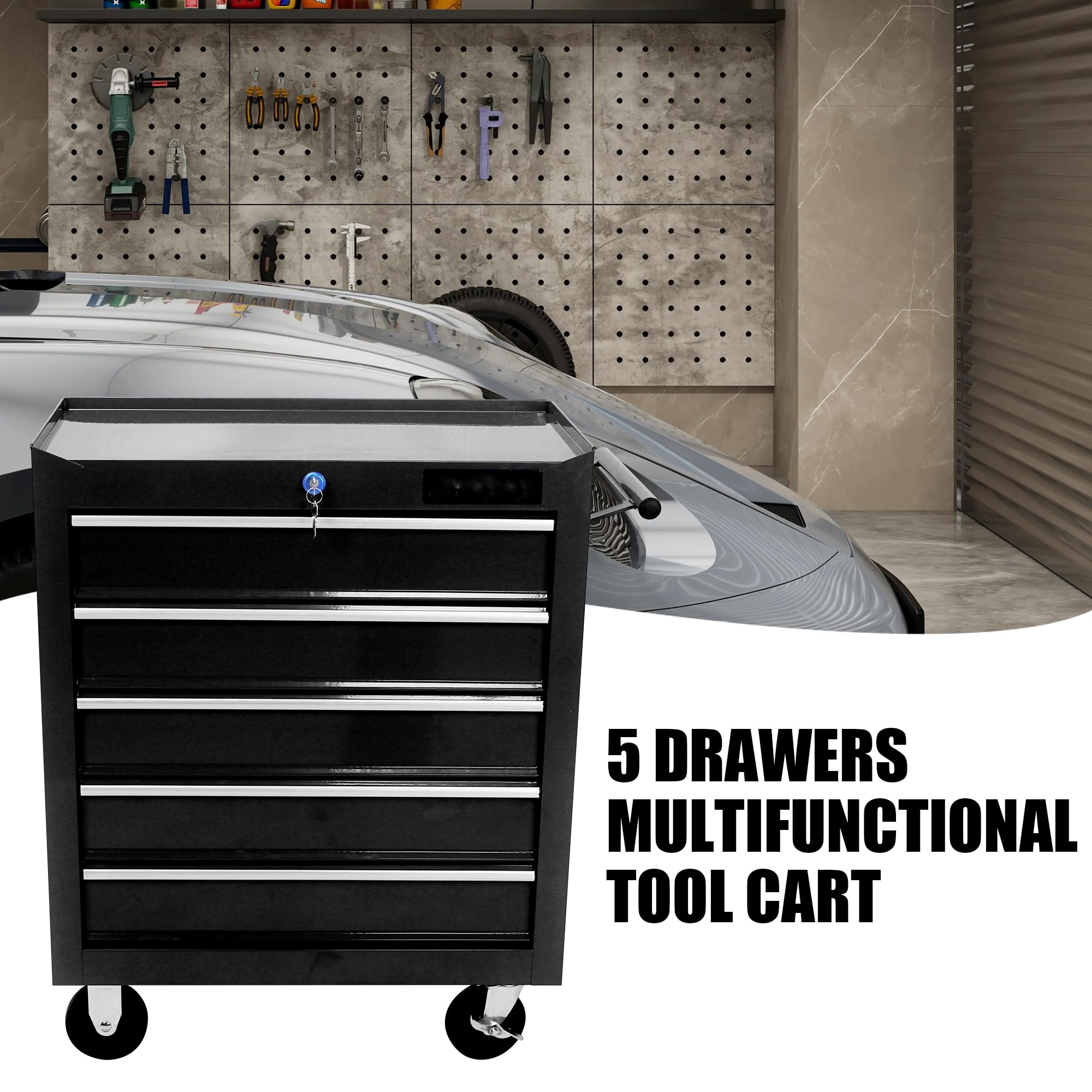 PULLAFUN 5 Drawers Tool Cart on Wheels, Rolling Tool Chest Cabinet with Lock, Multifunctional Tool Box for Workshop Garage Repair Shop Warehouse