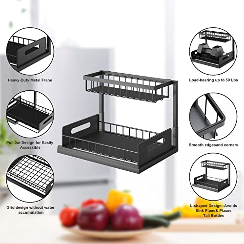 Under Sink Organizers,2-Tier Under Sink Organizers and Storage,Drill-Free Rustproof Stainless Steel Pull Out Shelf with Non-Slip Feet for Kitchen Bathroom, Black