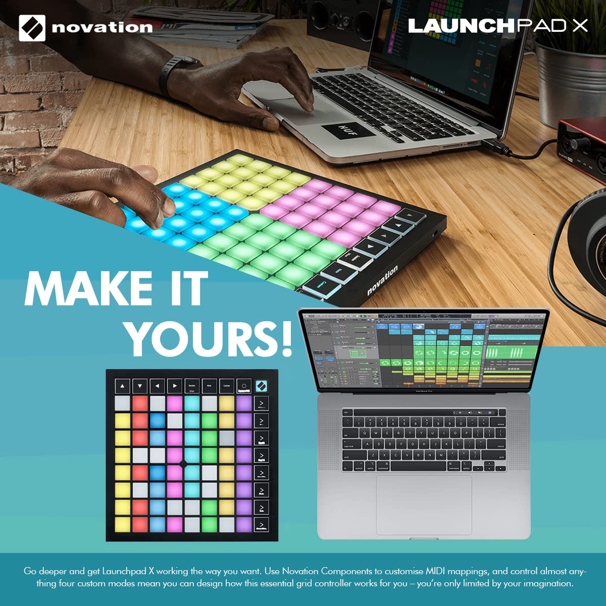 Novation Launchpad X Ableton Live 8x8 64 Backlit RGB Pads Grid Controller w/Software Bundle + SR360 Over-Ear Dynamic Stereo Headphones & Fibertique Microfiber Cleaning Cloth