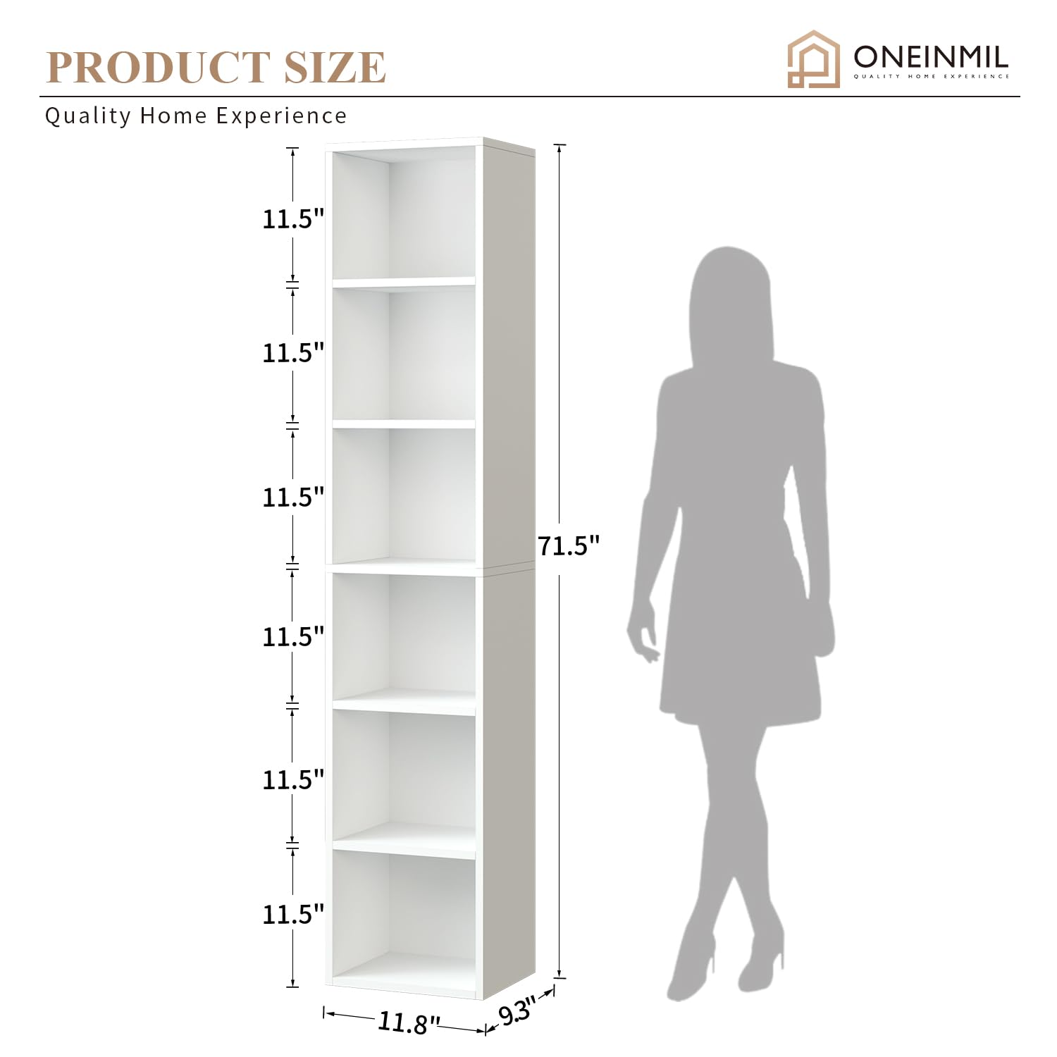 oneinmil Tall Narrow Bookshelf, 6-Tier Cube Display Rack, Modern Corner Bookshelf with Storage Space, Storage Cabinet for Home Office,White