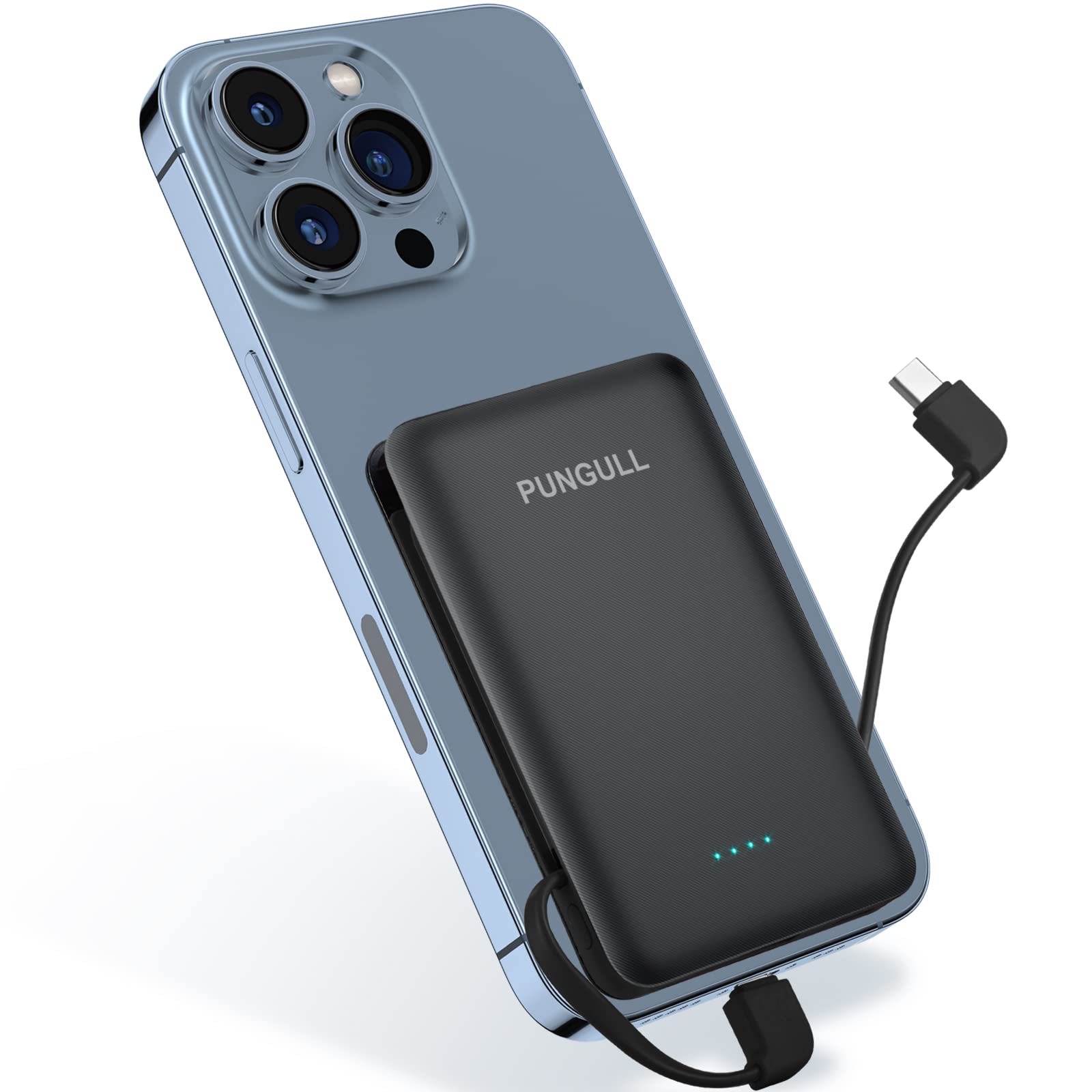 Slim Portable Charger 5000mAh - Compact Mini Small Power Bank Built-in Cable Cute Mobile Cell Phone External Battery Pack 5V 2.1A USB-C Compatible with iPhones 6/7/8/X/XS/XR/11/12/13/14 Airpods