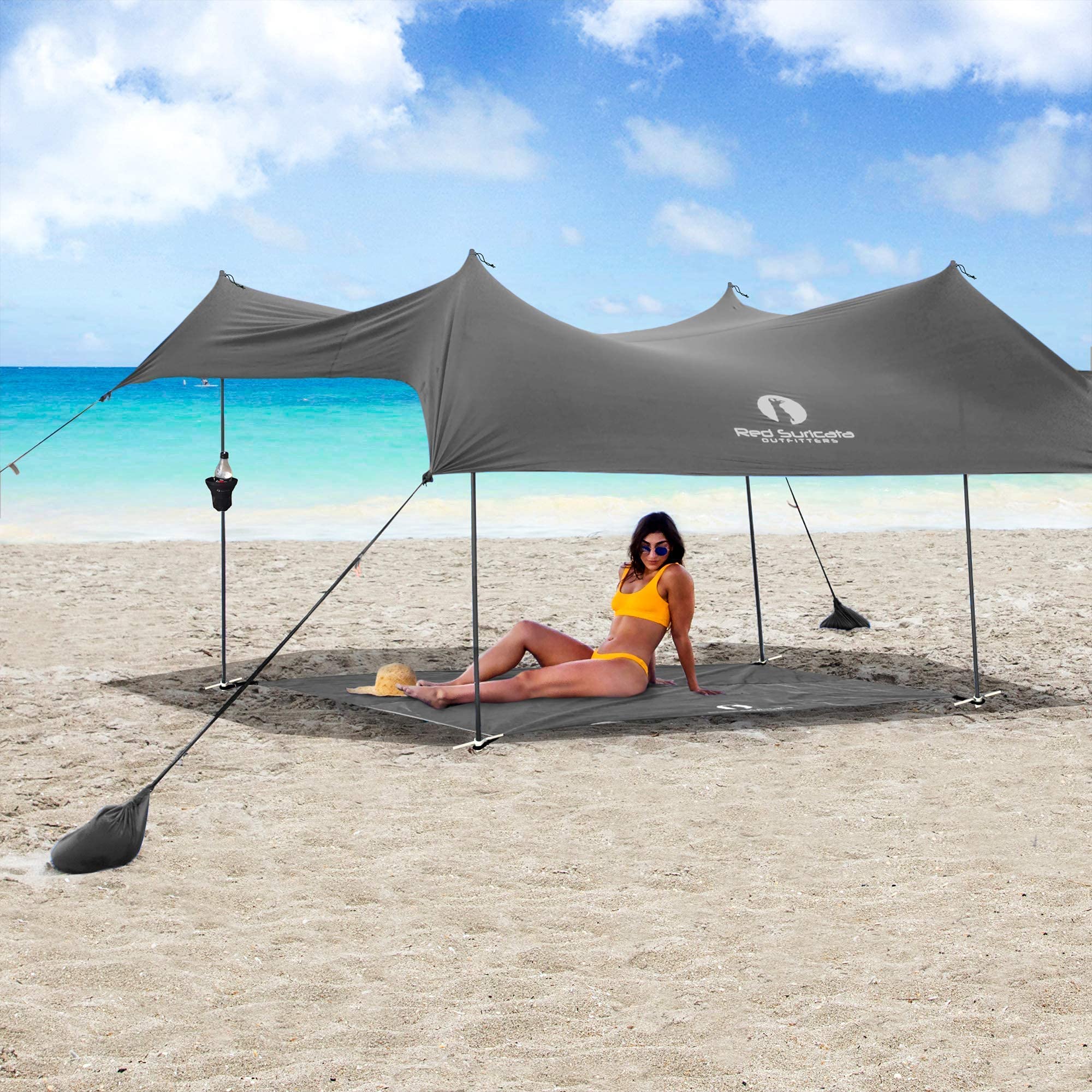 Red Suricata Family Beach Tent & Beach Canopy, Matching Sand Free Beach Mat Blanket & 2 Beverage Holders Bundle - UPF50 UV Sun Shade Shelter (Medium, Grey)