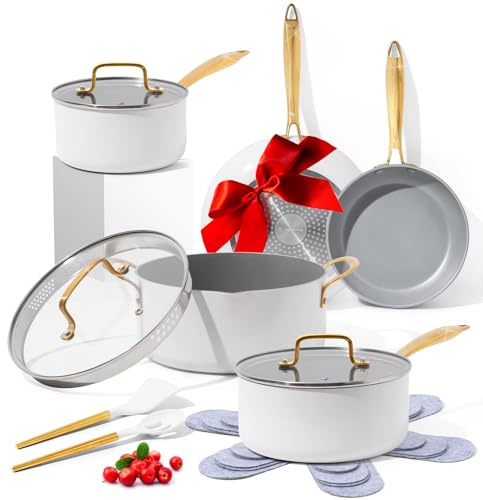 White and Gold Pots and Pans 15 PC Set - Premium Heavy Gauge Nonstick, Non Toxic, PFOA Free, Oven and Dishwasher Safe, Induction Compatible Cookware Set - Gold Kitchen Accessories
