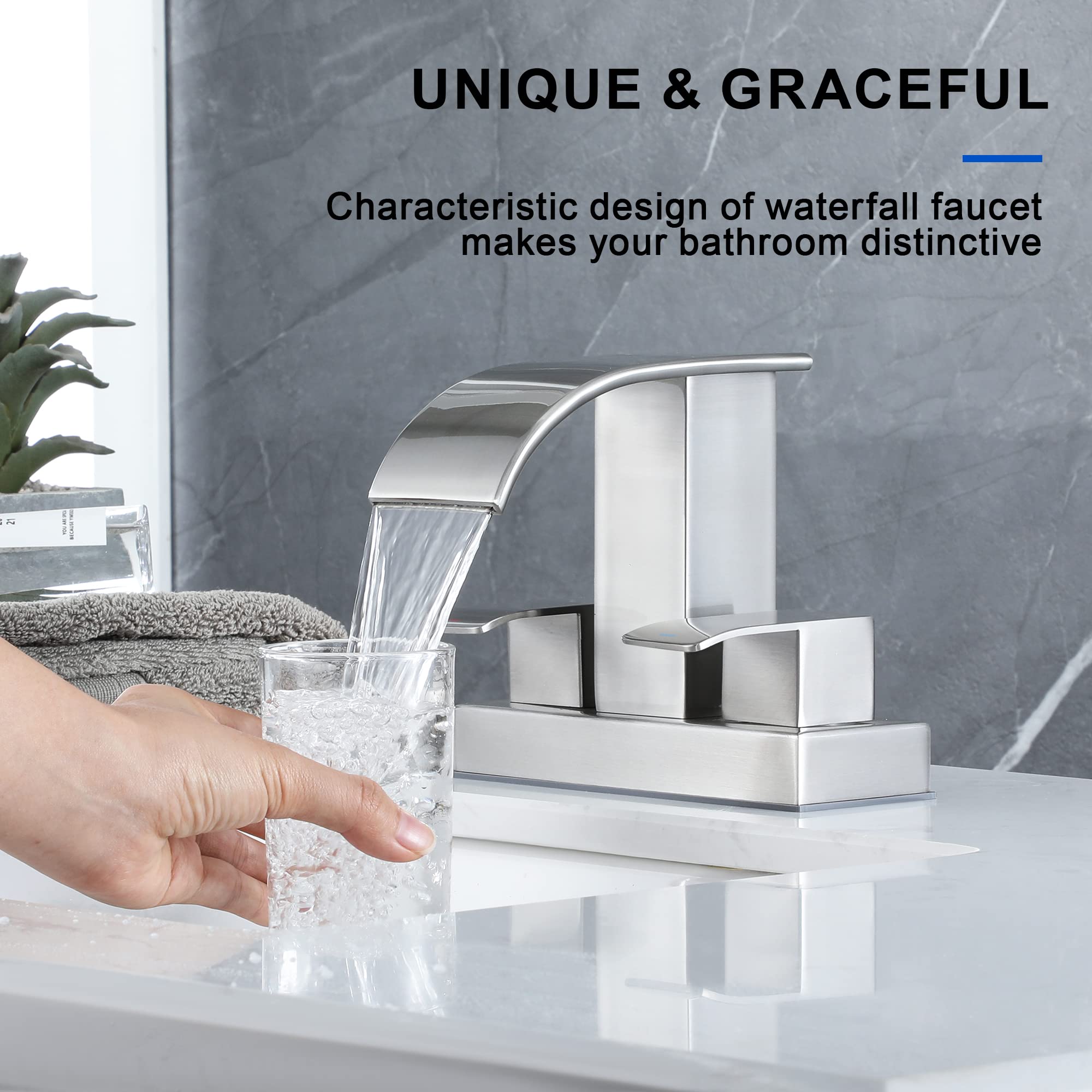 Waterfall Bathroom Sink Faucet - 2 Handle 4 Inch Centerset Faucet for Lavatory Bathroom Sink, with cUPC Faucet Supply Line Hoses for Bathroom Restroom Vanity Lavatory, Brushed Nickel