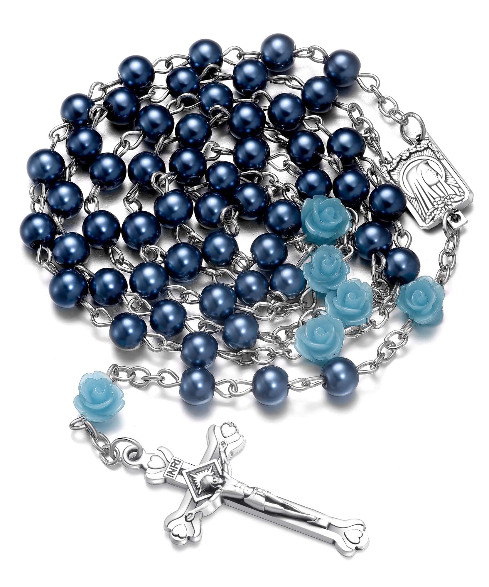 Pearl Rose Beads Rosary Catholic Necklace Holy Soil Medal Cross Crucifix-6 Packs
