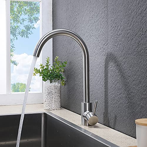 VAPSINT 360 Degree Swivel Modern Brushed Nickel Single Handle Bar Faucet, Small Rv Prep Bar Sink Faucet Bar Faucet for Kitchen Sink Single Hole with Hot & Cold Water Supply Hoses