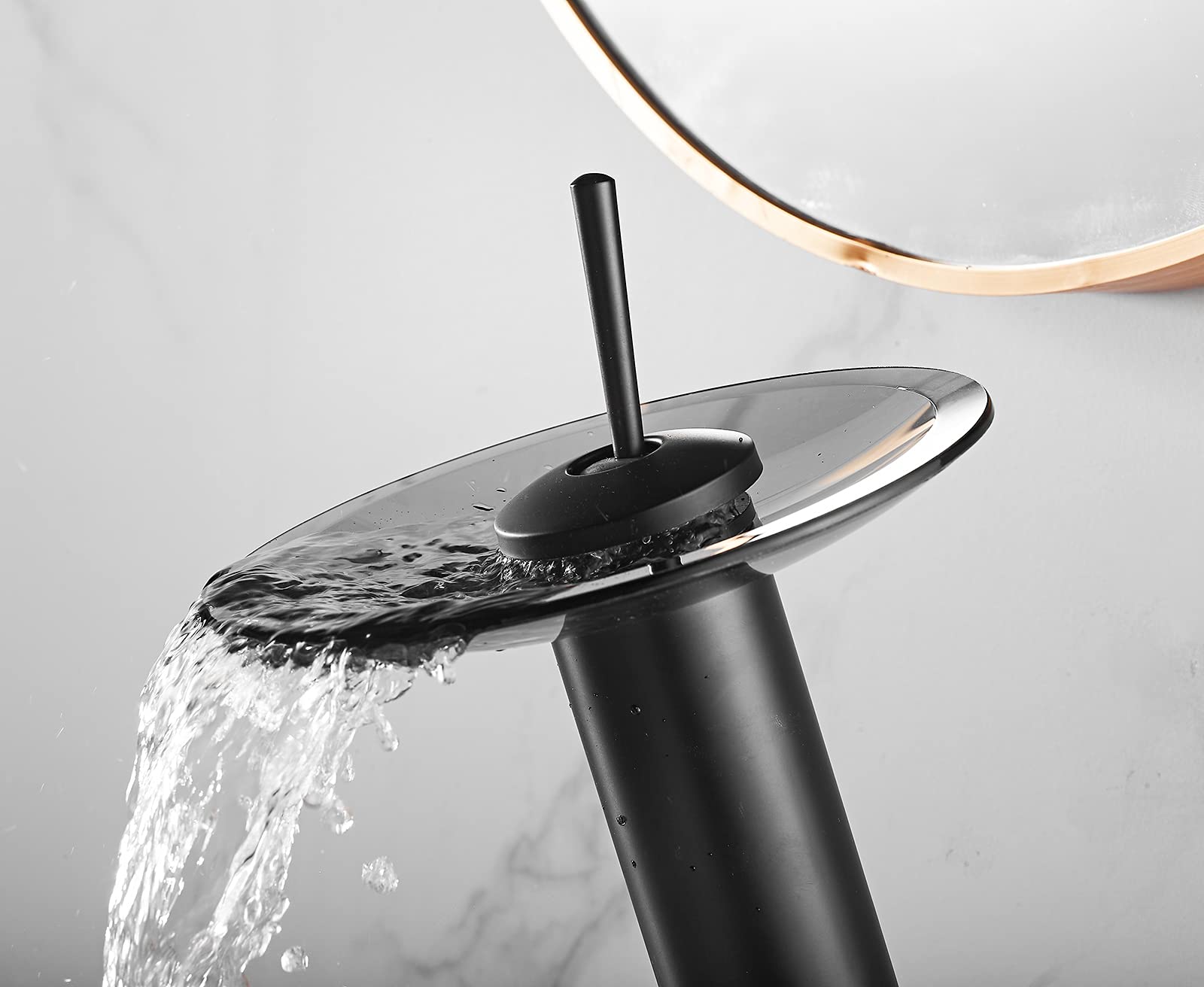 Waterfall Black Bathroom Vessel Faucet Glass Spout 360° Swivel Single Handle One Hole Solid Brass Bowl Faucet Bath Lavatory Vessel Sink Vanity Faucet Tall Body for Above Counter Sink