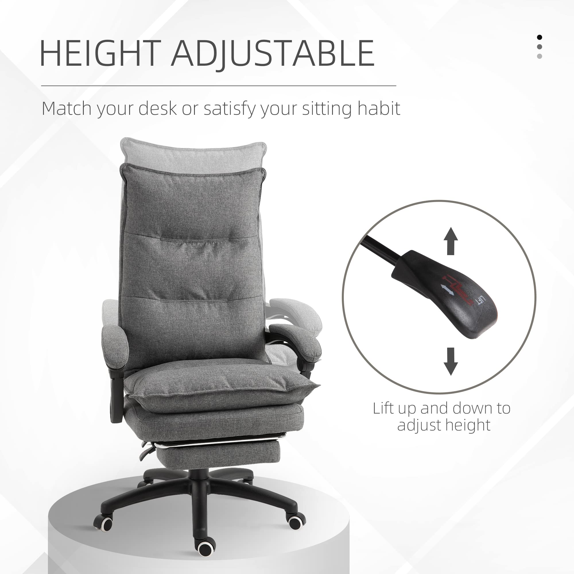 Vinsetto 360° Swivel Executive Home Office Chair Adjustable Height Linen Style Fabric Recliner with Retractable Footrest and Double Padding, Grey