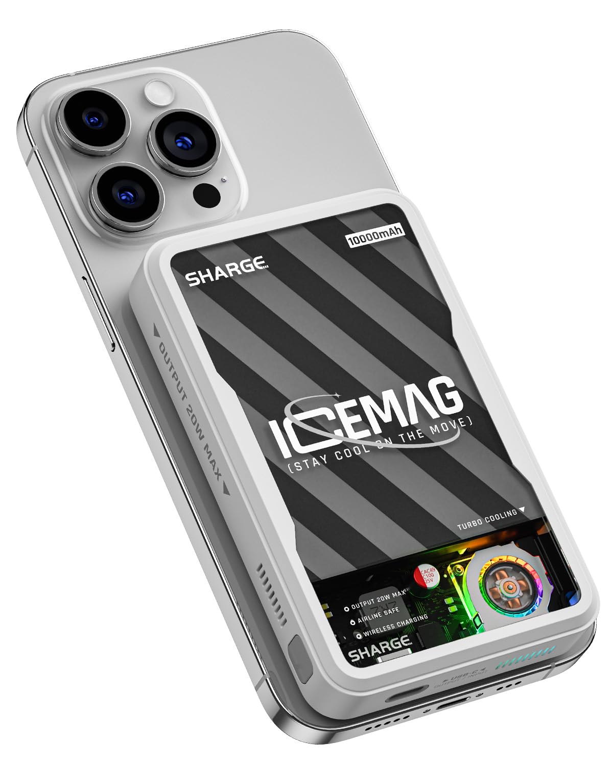 sharge ICEMAG Magnetic Power Bank, World's First 10000mAh Battery Pack with Active Cooling for MagSafe, Transparent Portable Charger with 20W USB-C Input/Output for iPhone15/15 Pro/15 Pro Max/ 14/13