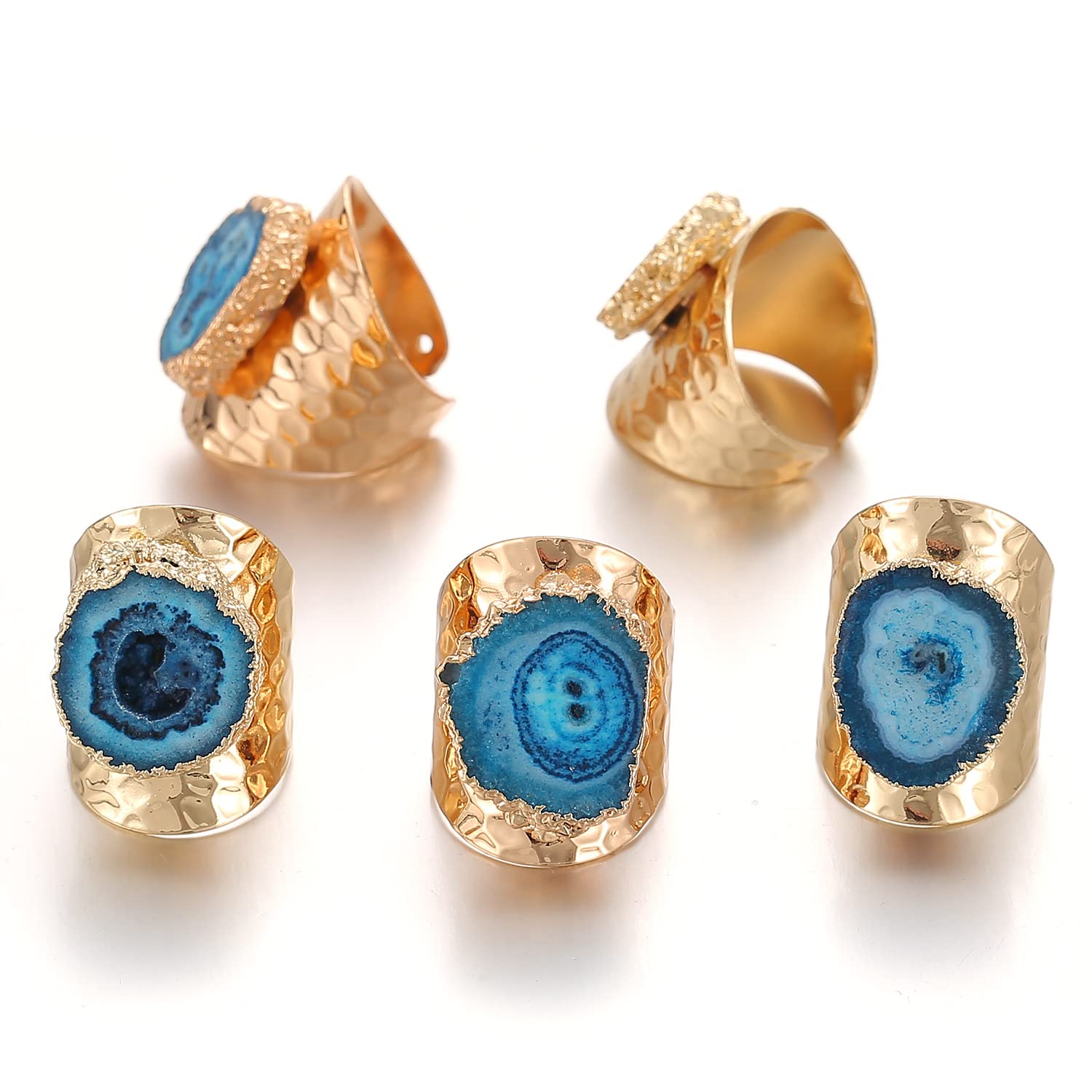 YEEVAA Natural Agate Quartz Geode Druzy Ring Healing Crystal Stone Adjustable Open Wide Gemstone Ring Jewelry Gift-1PC (Blue Agate,Gold Plated)