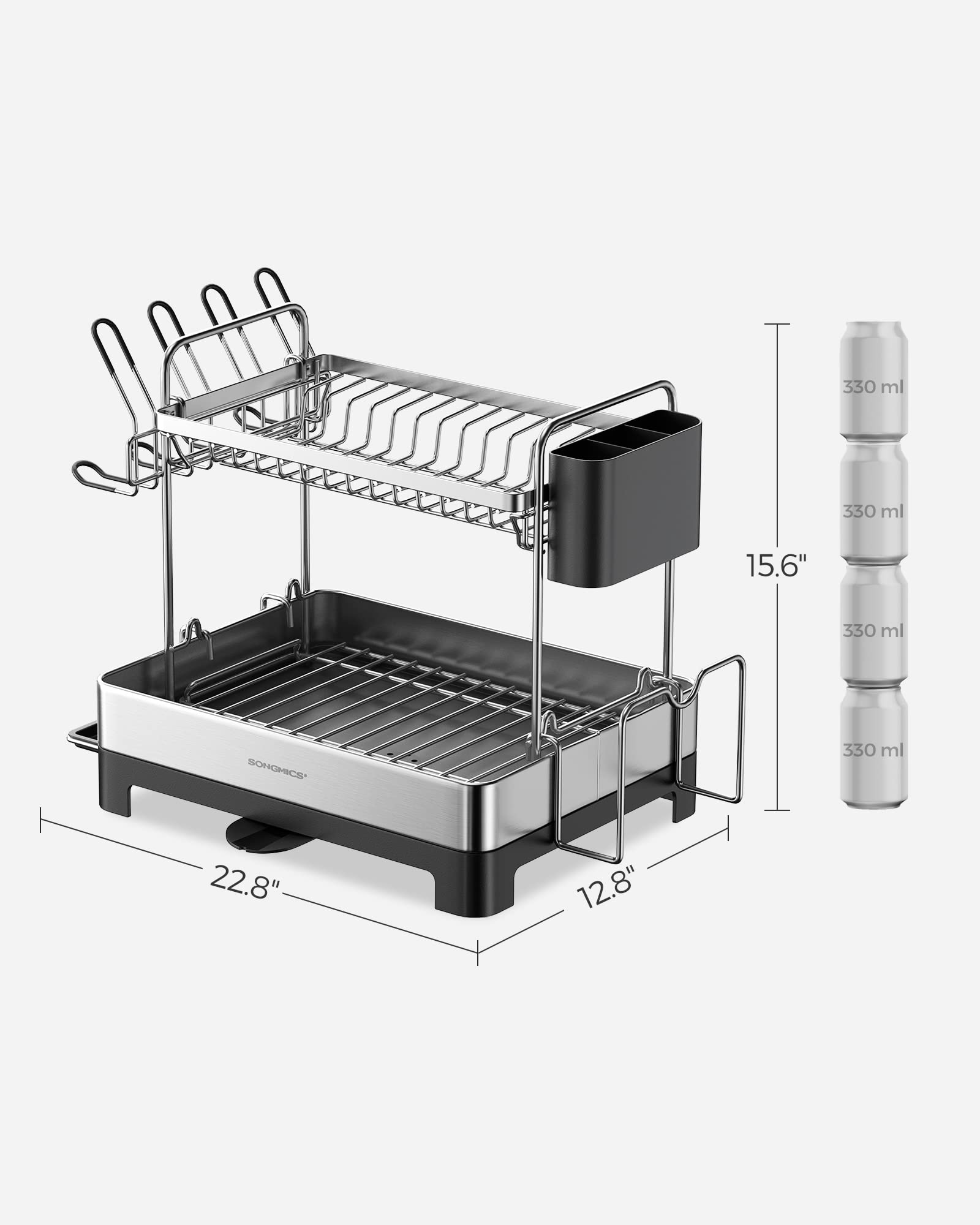 SONGMICS Dish Drying Rack - 2 Tier Dish Rack for Kitchen Counter with Rotatable and Extendable Drain Spout, Dish Drainer with Utensil, Cup, Glass, Cutting Board Holders, Black UKCS032B01