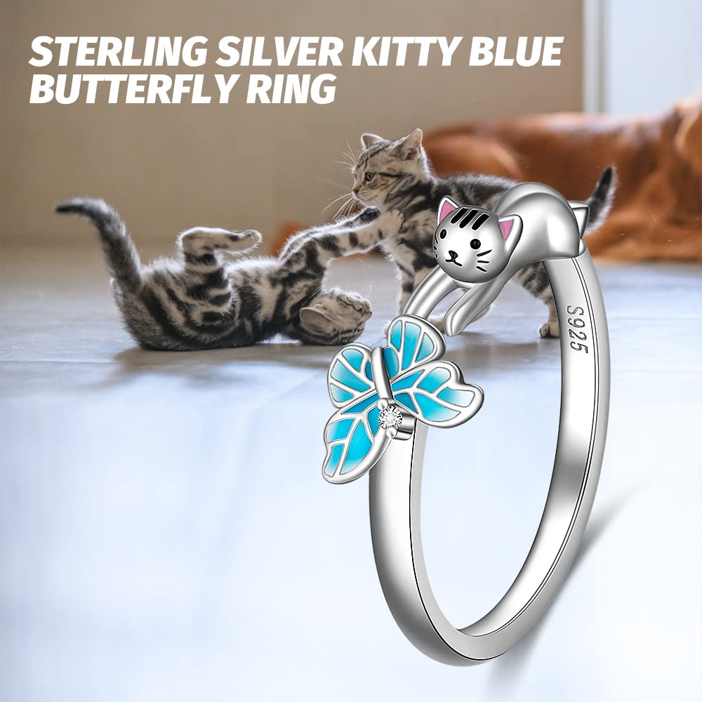 Women Cat Ring 925 Sterling Silver Cat Wrap Around Ring Butterfly Rings for Women Cat Crazy Kitty Jewelry Size 8