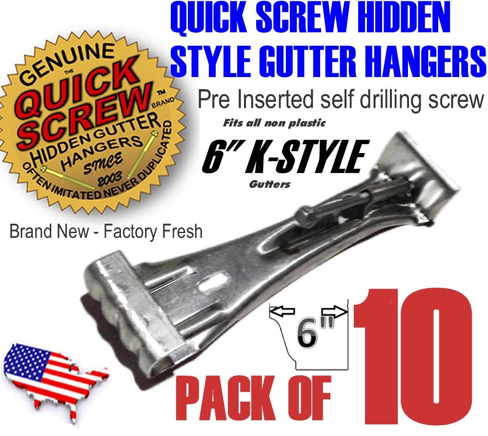 Quick Screw 6" inch Aluminum Hidden Rain Gutter Bracket Hook Clip Style Hangers with pre Inserted 3" Long ¼" hex Head self Drilling Screw (10 Per Package)