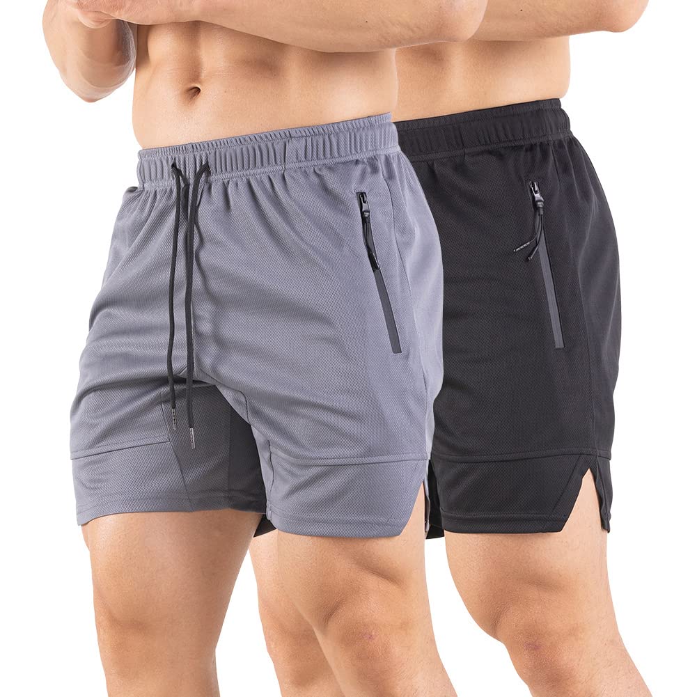 VPOS Men's 5" Gym Workout Shorts with Zipper Pockets,Dry Fit Mens Mesh Athletic Shorts for Running Bodybuilding and Training Black/Gray,Medium
