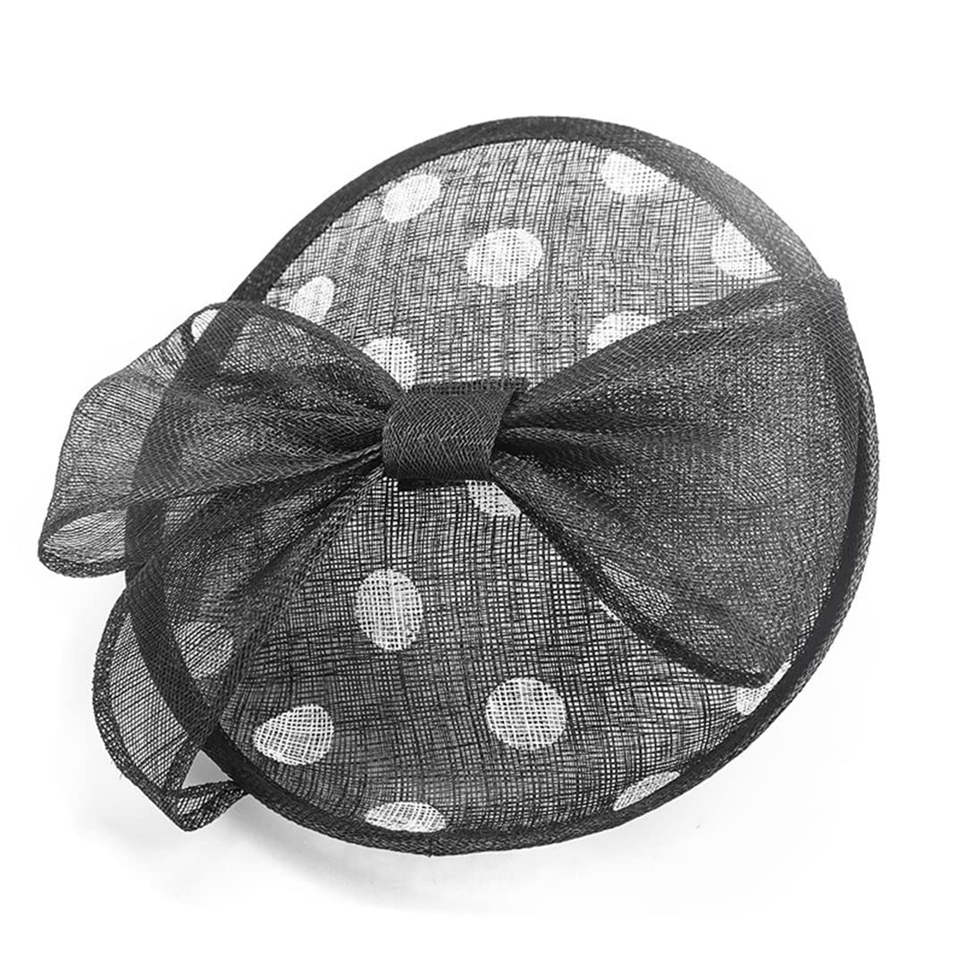 Women Chic Hat Cocktail Wedding Party Church Headpiece Kentucky Headwear Feather Hair Accessories Black White Dot