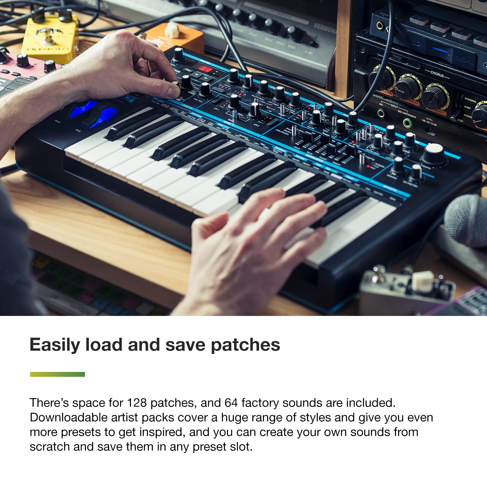 Novation Bass Station II Analog Monosynth β includes 64 factory patches, pattern-based step sequencer and arpeggiator, two oscillators plus an additional sub oscillator.