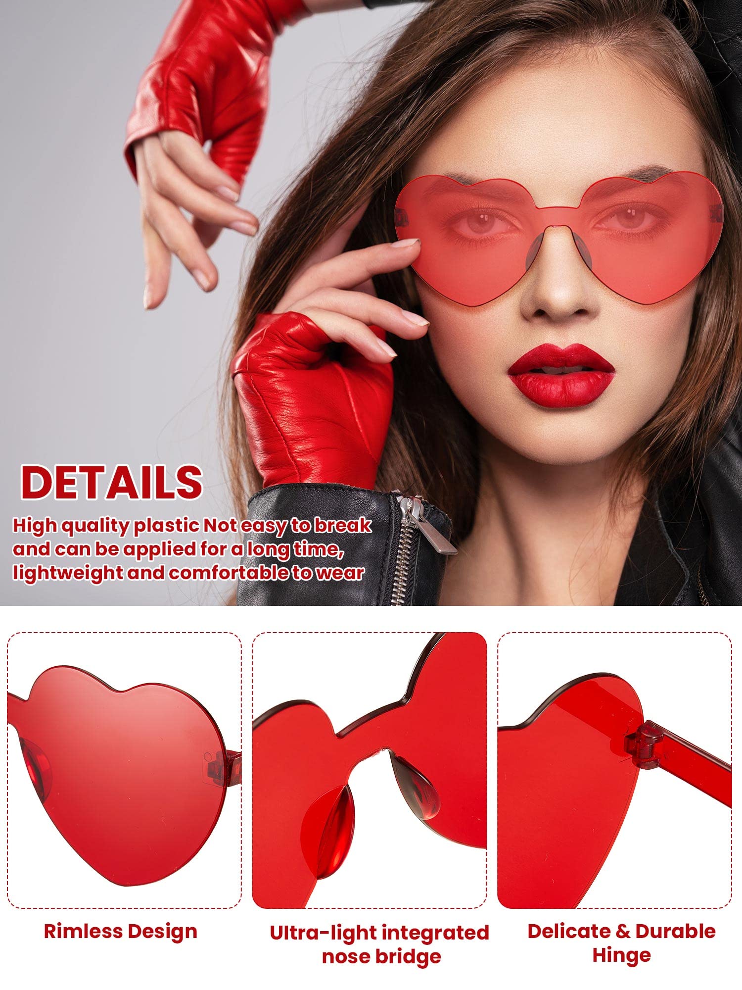 Weewooday 40 Pairs Heart Glasses Rimless Heart Shaped Frameless Sunglasses Transparent Sunglasses Tinted Eyewear(Red)