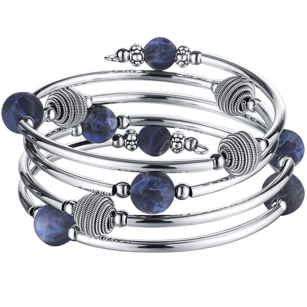 PEARL&CLUB Beaded Chakra Bangle Turquoise Bracelet - Fashion Jewelry Wrap Bracelet with Thick Silver Metal and Mala Beads, Birthday Gifts For Women (63-Navy Blue)